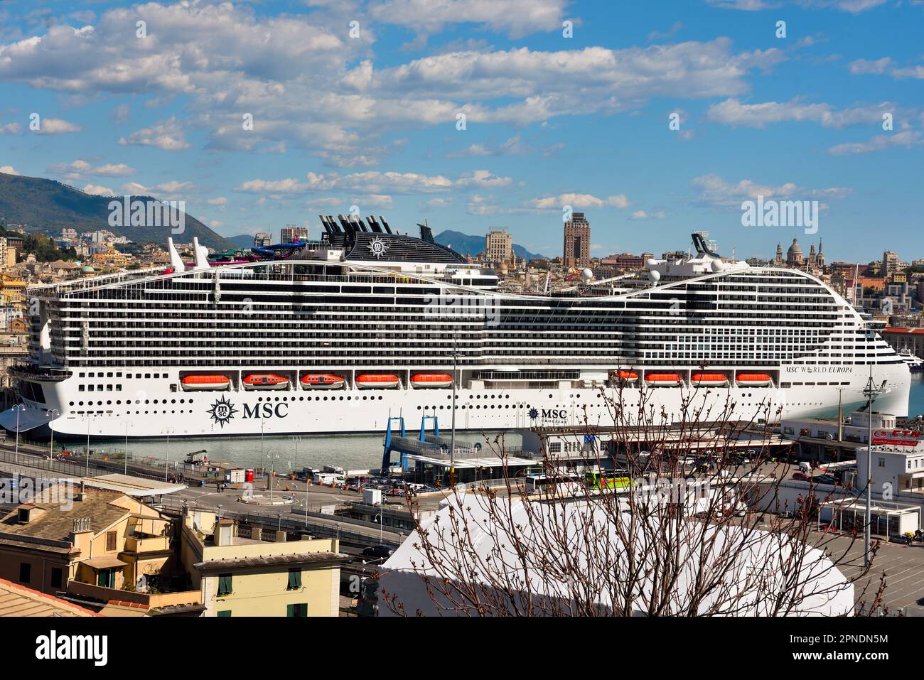 the cruise ship msc world Europa in the port of genoa April 16 2023 ...