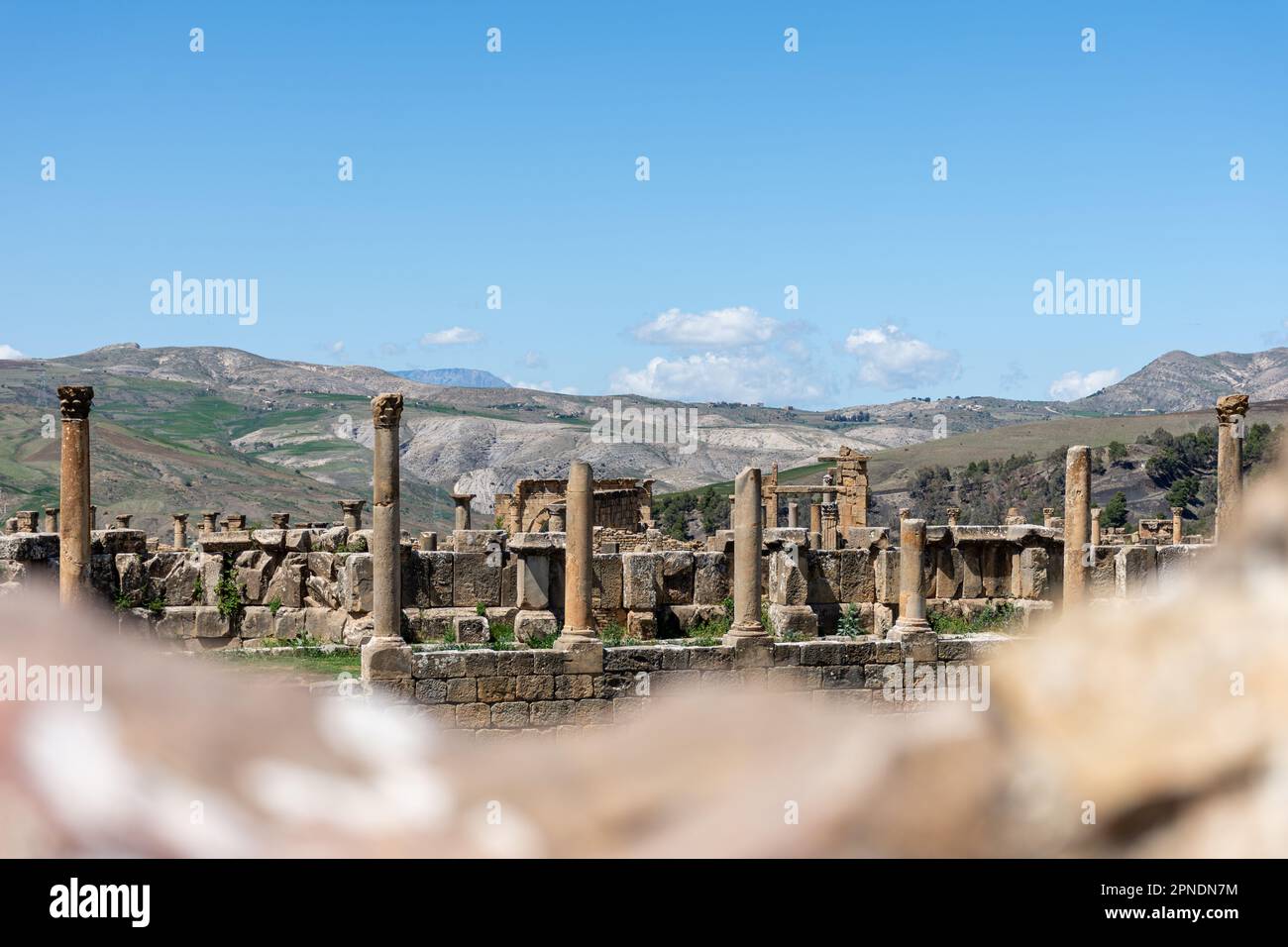 View of Roman columns in the ancient city of Cuicul-Djemila. UNESCO ...