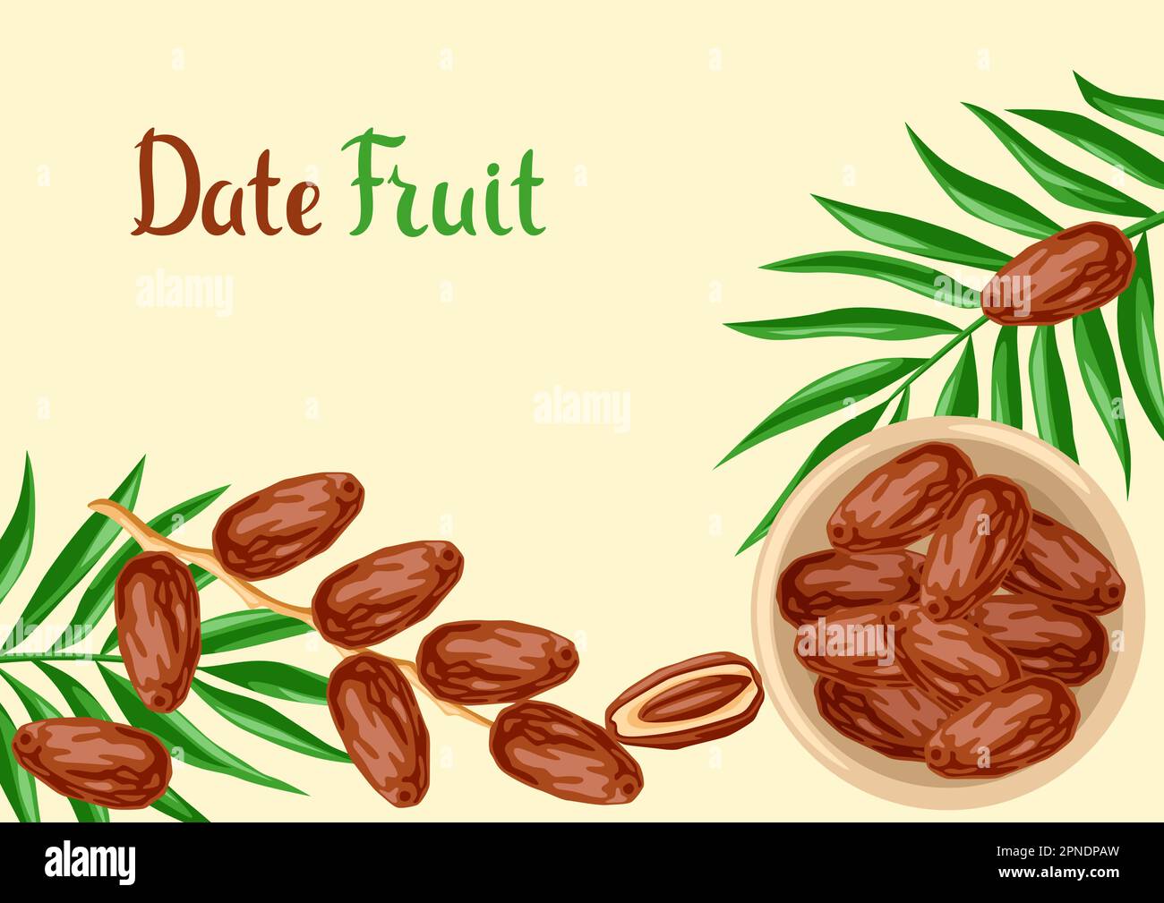 Background with dates fruits and palm leaves. Tropical vegetarian food ...