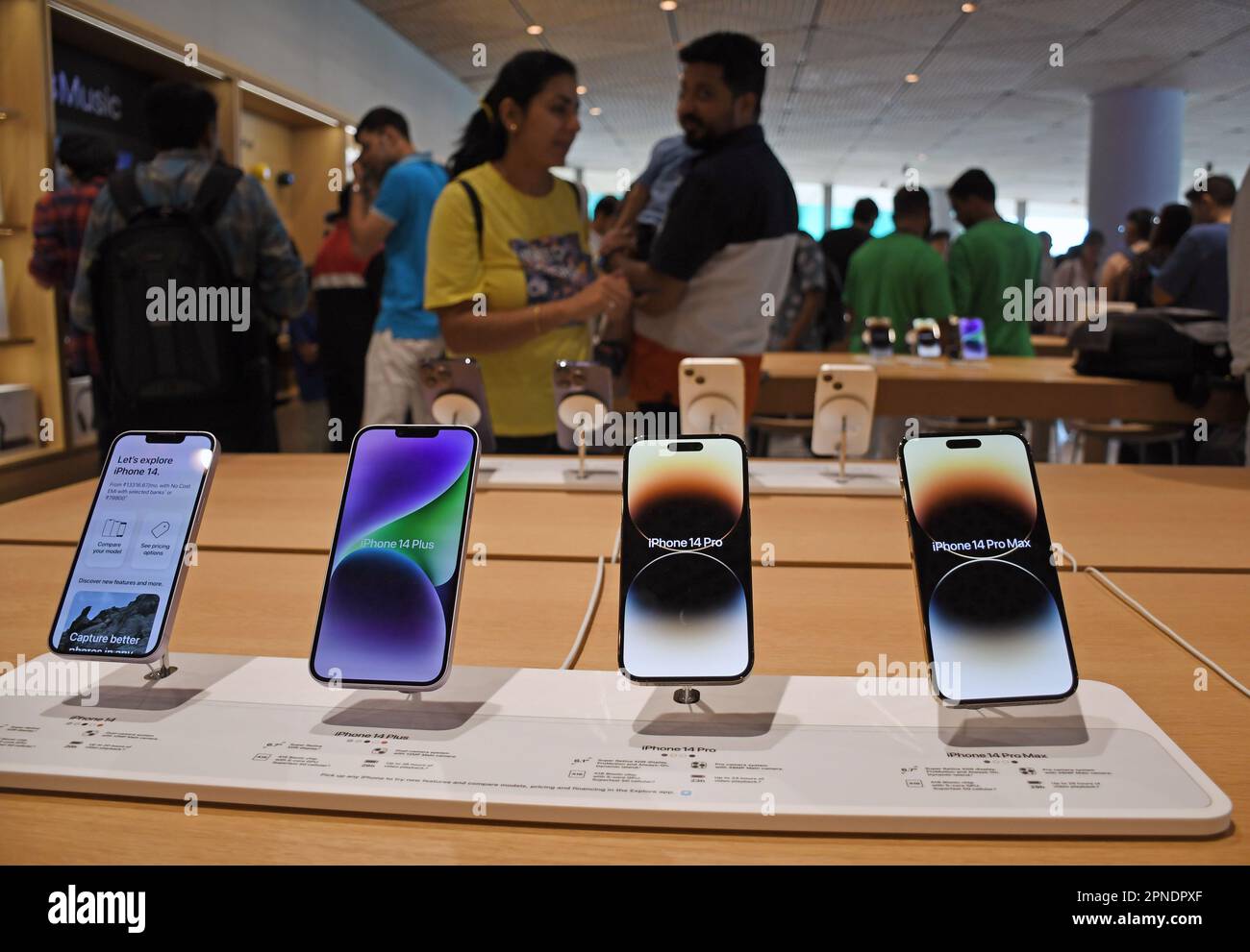 Mumbai, India. 18th Apr, 2023. iPhones are kept on display inside the ...