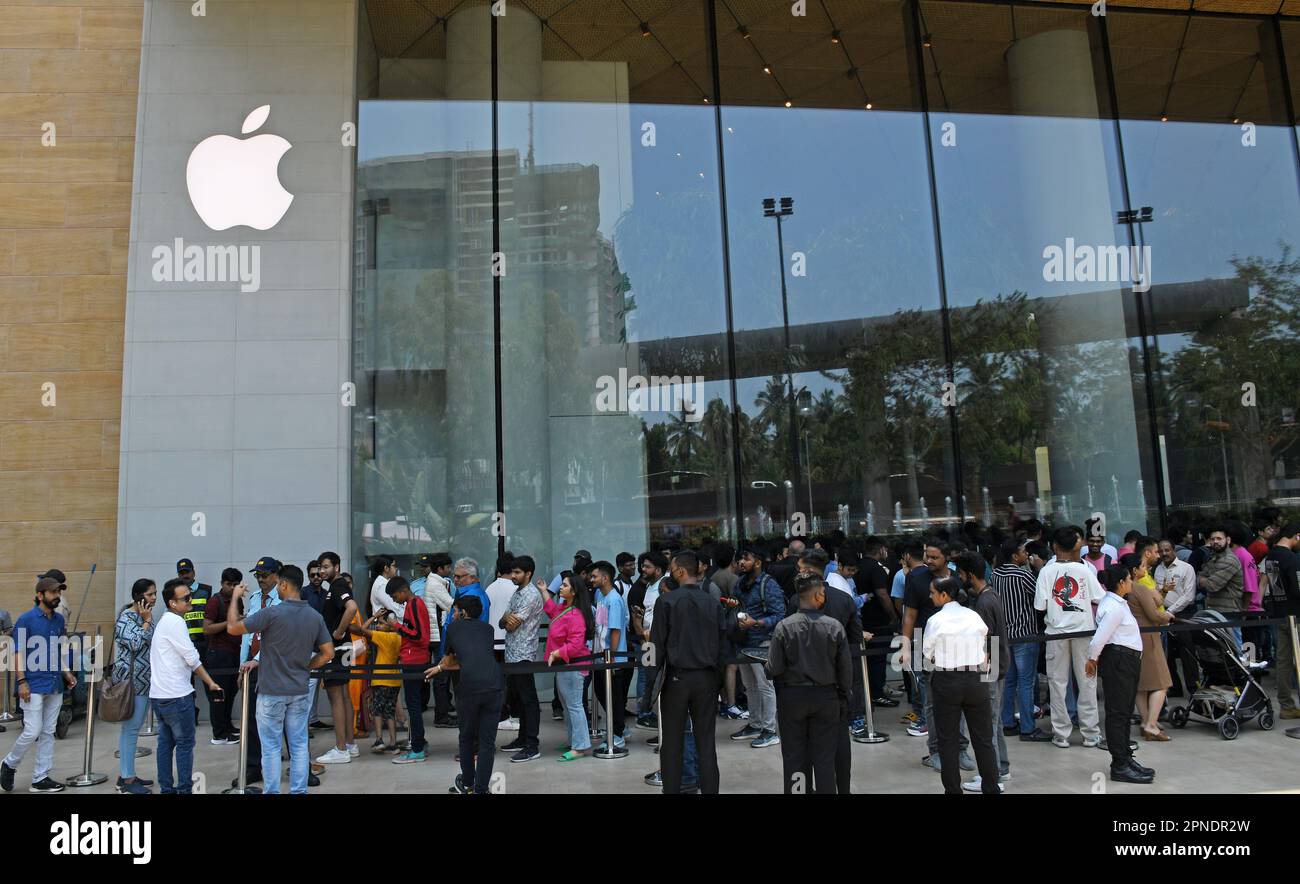 Mumbai, India. 18th Apr, 2023. People are seen standing in a queue to ...