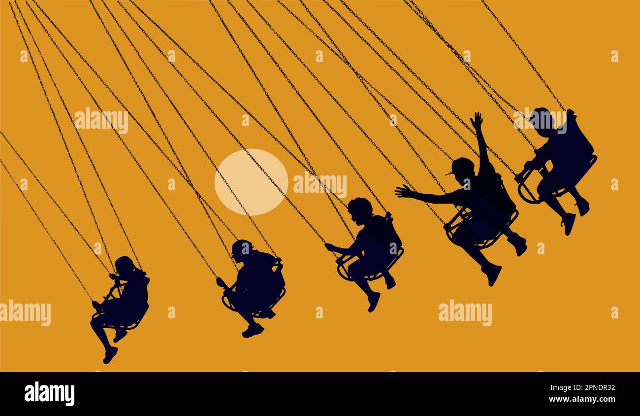 Kids ride a carnival swing ride at sunset in this vector image Stock ...