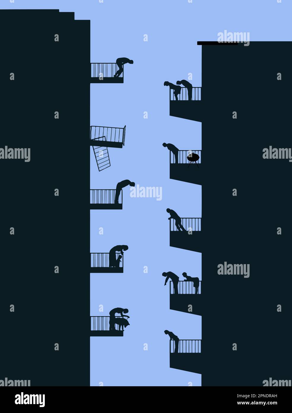 Everyone on their apartment balconies looks down after discovering a ...