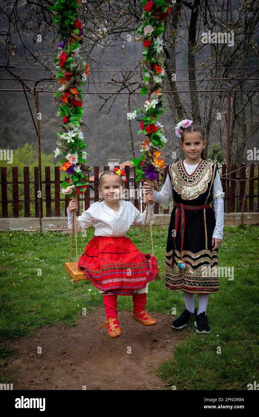 Bov Station, Bulgaria - April 8, 2023: Lazarov Day is a traditional Bulgarian holiday. Girls who ...
