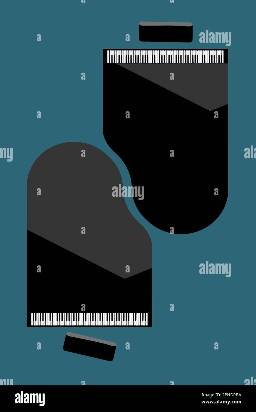 Two grand pianos are arranged for a duet concert and seen from above to ...