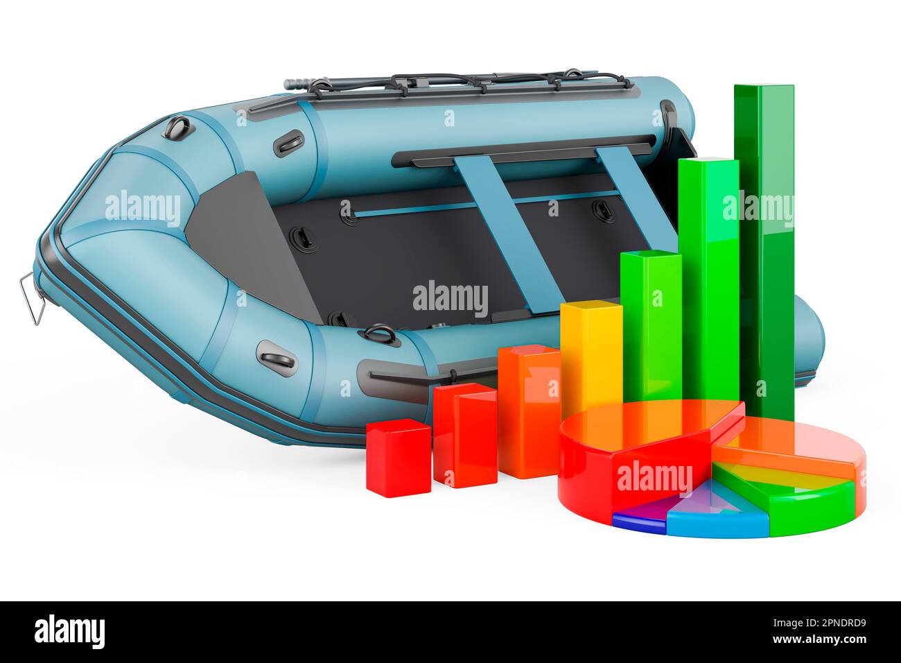 Inflatable boat with growth bar graph and pie chart. 3D rendering ...