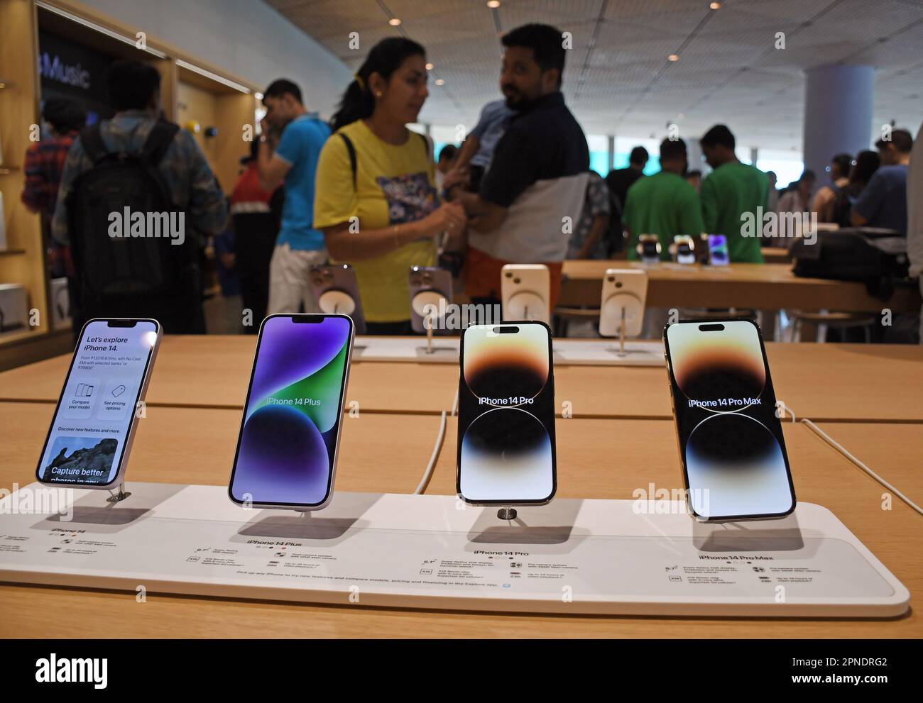 Mumbai, India. 18th Apr, 2023. iPhones are kept on display inside the ...