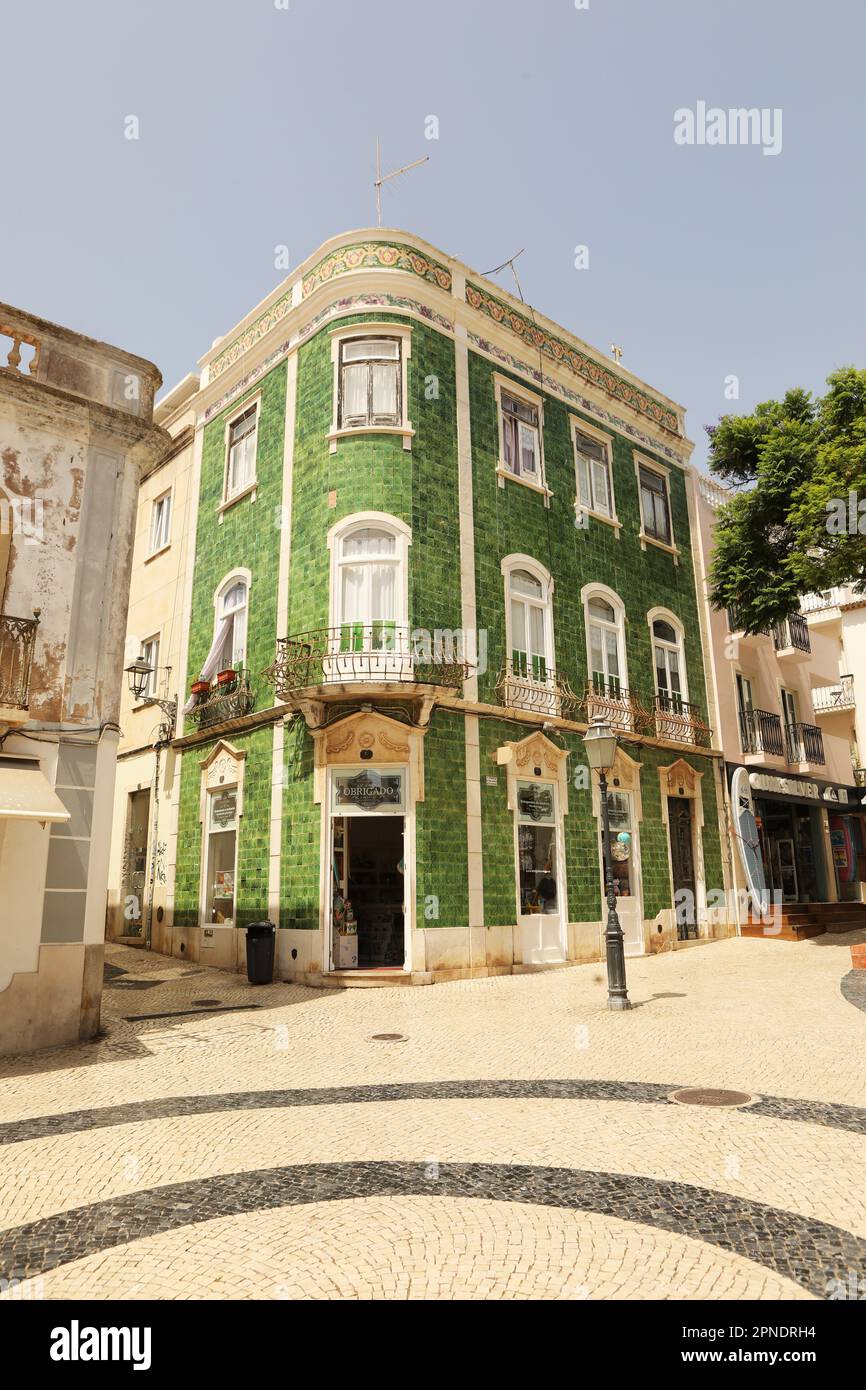 Traditional green tiled building, Old Town, Lagos, Algarve, Portugal ...
