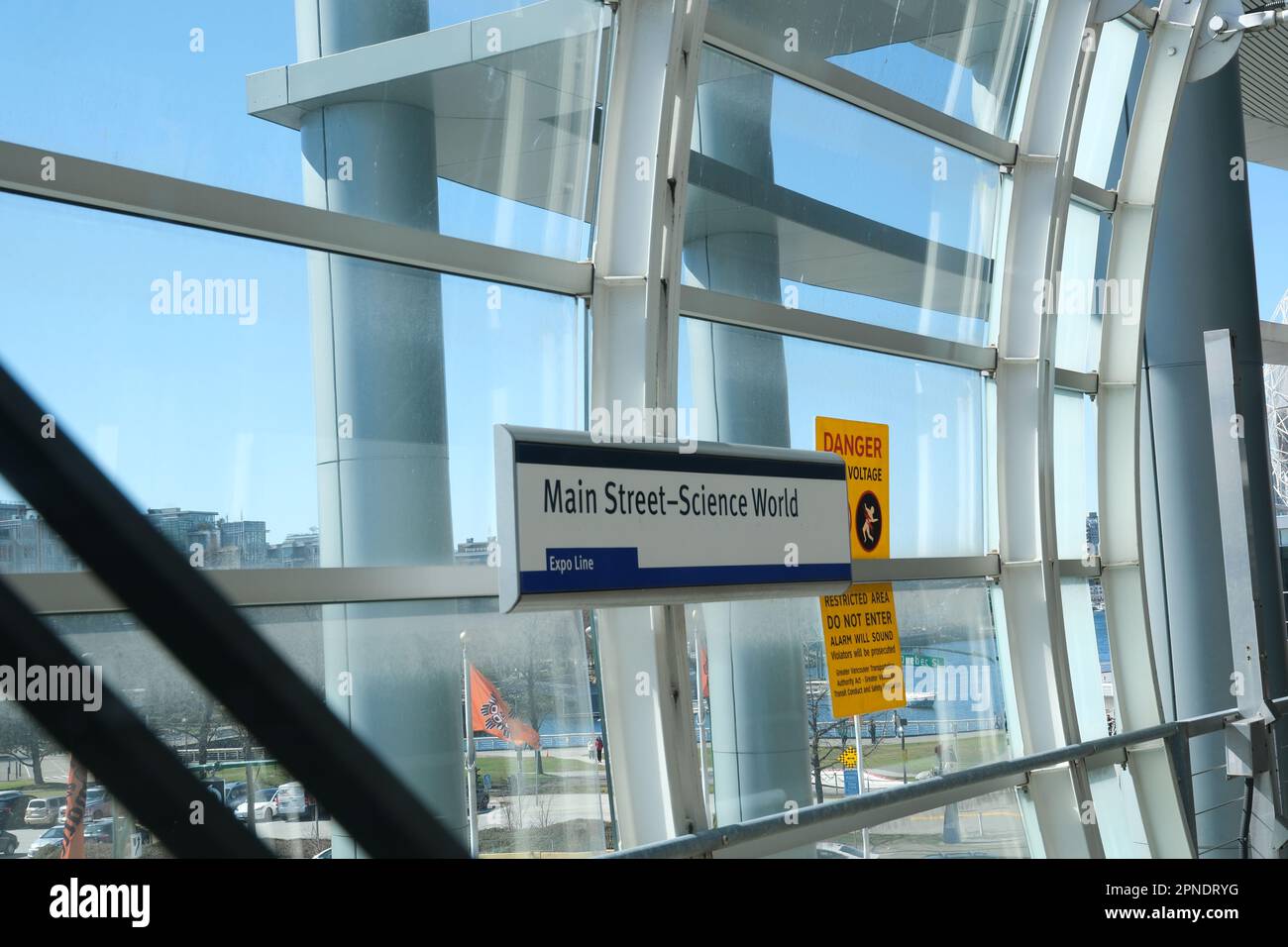 Main Street Science Word signboard name skytrain stop in vancouver city ...