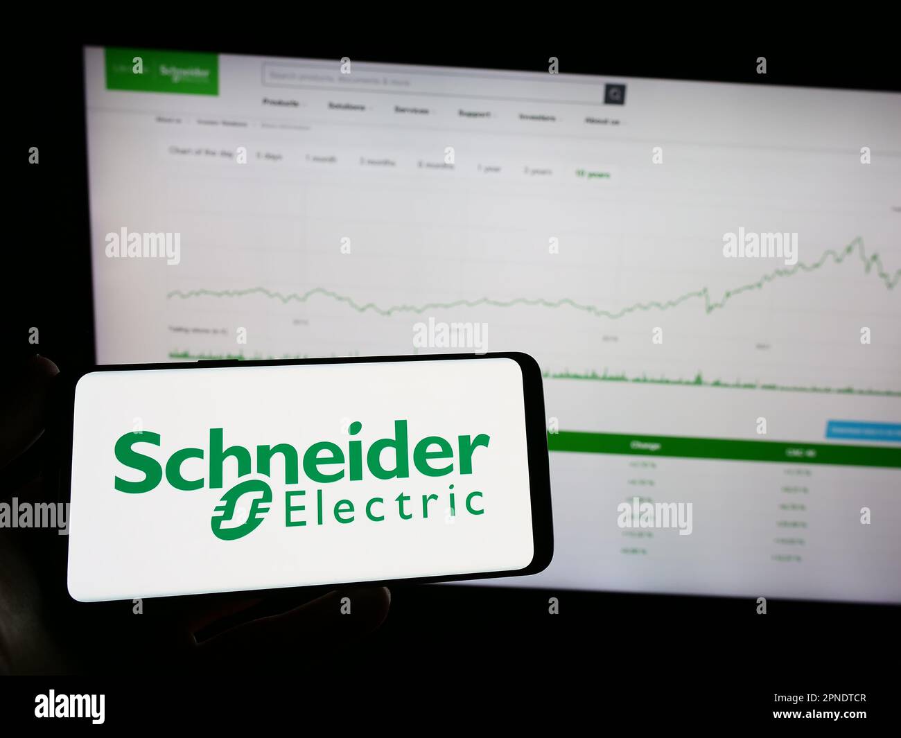 Person holding mobile phone with logo of French company Schneider ...