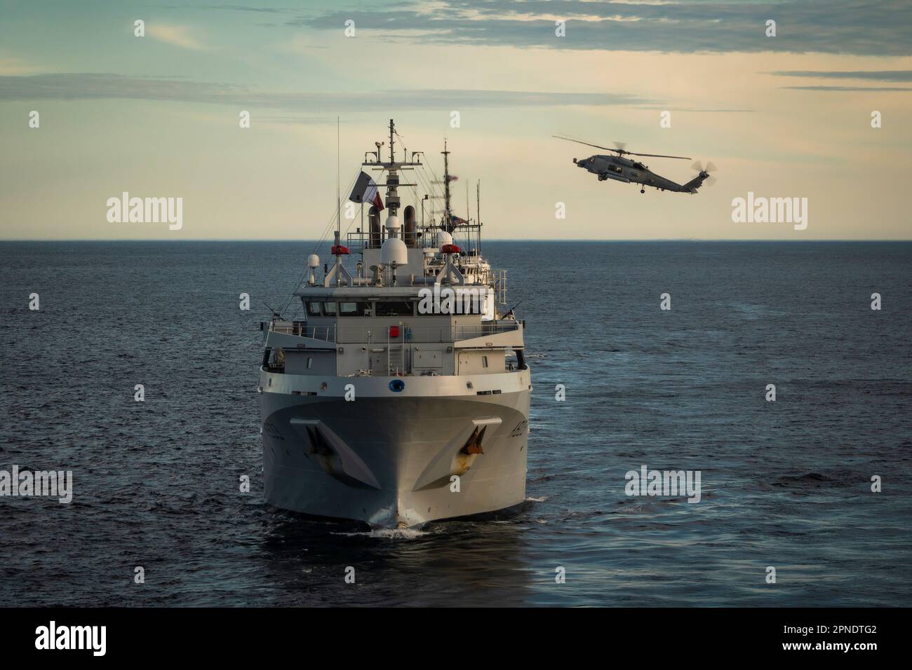 French Navy ship FS Rhone, an oceanic patrol ship and auxiliary, at sea ...