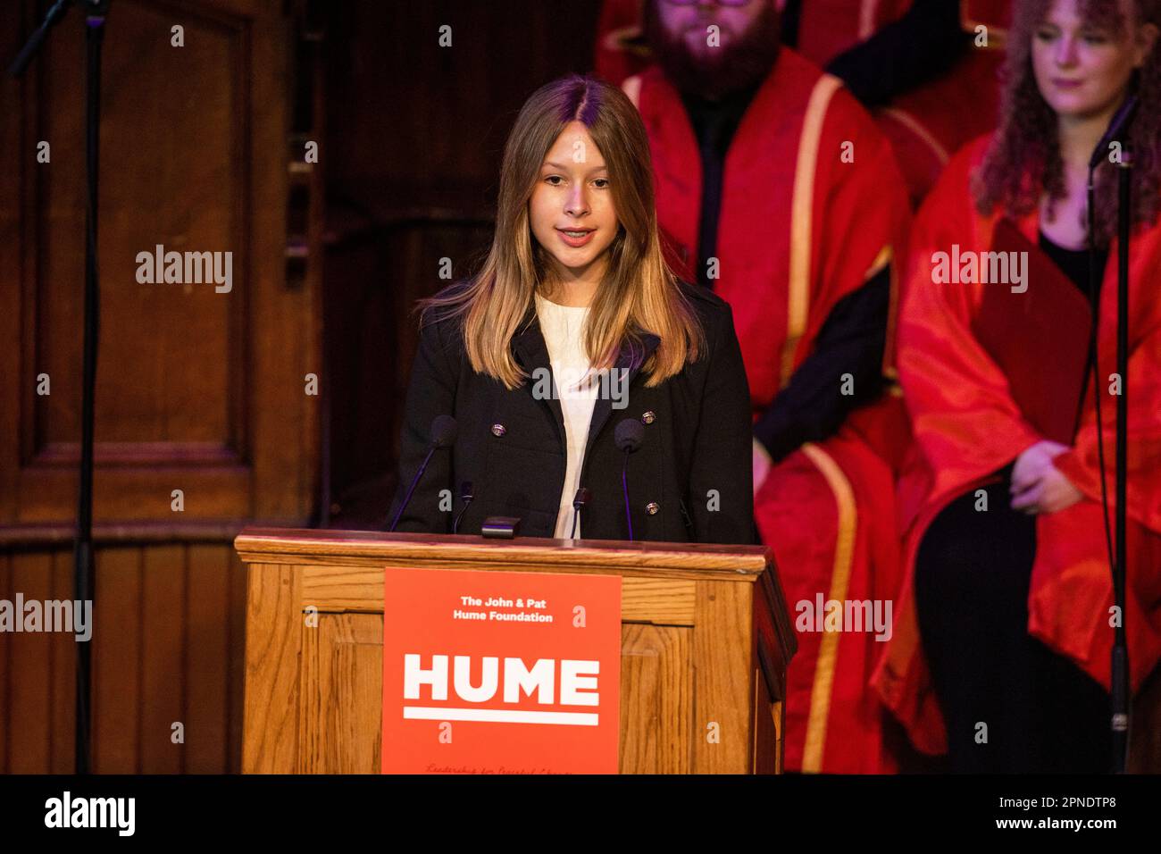 Rachel Hume, grand daughter of John Hume, speaks before former US ...