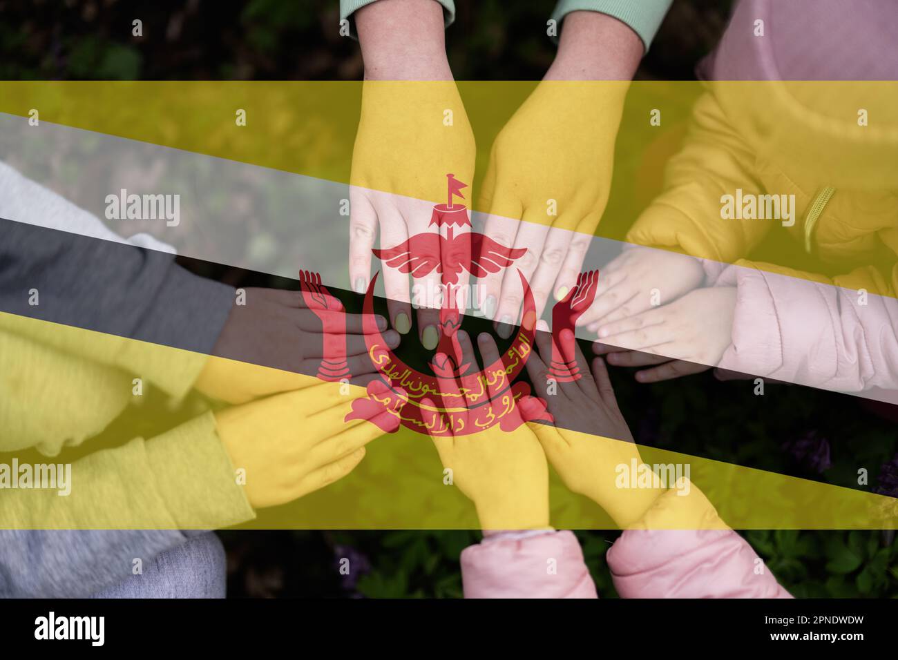 Hands of kids on background of Brunei flag. Bruneian patriotism and ...