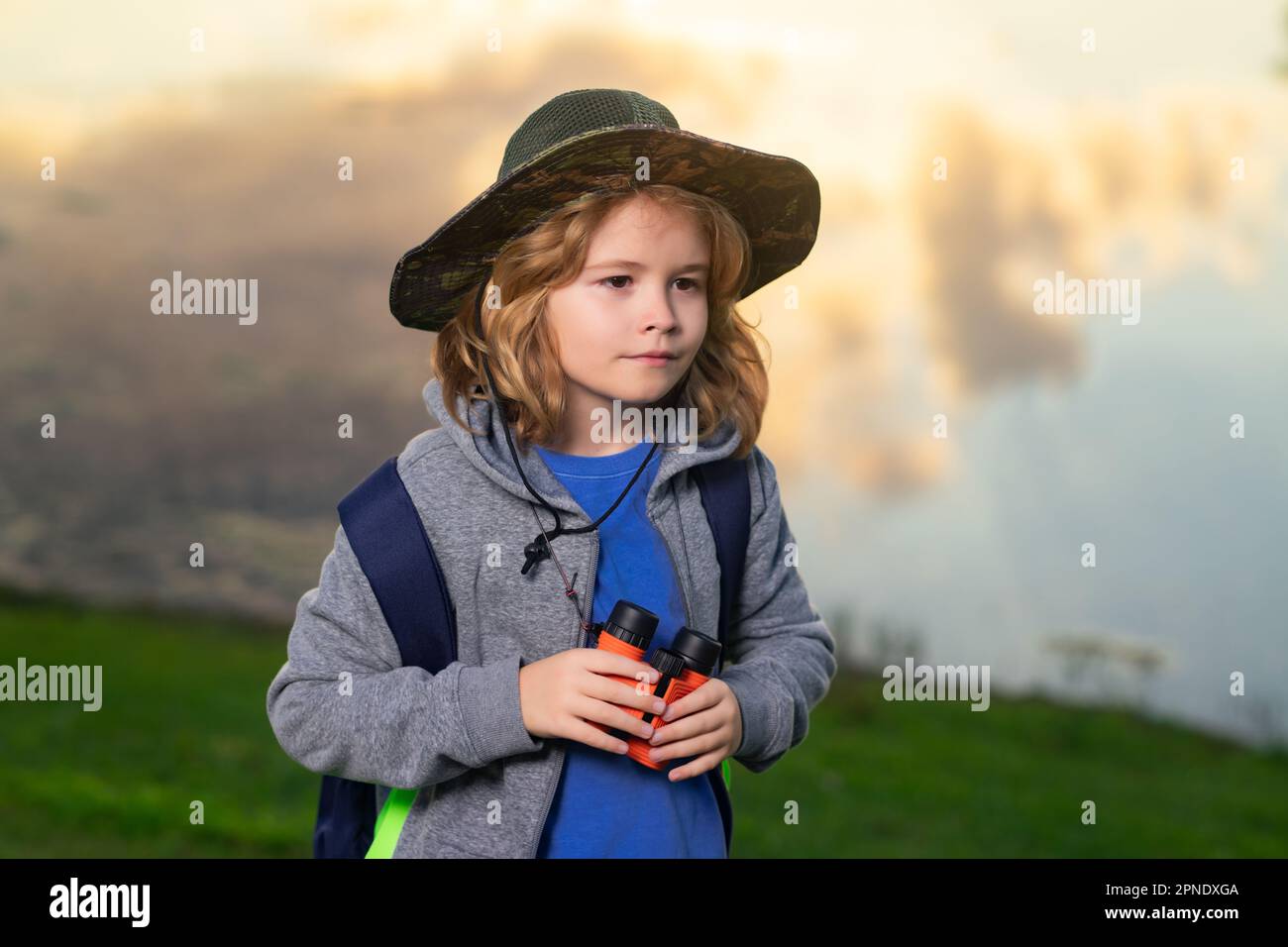 Child with backpack, traveller or explorer. Concept of exploration and ...