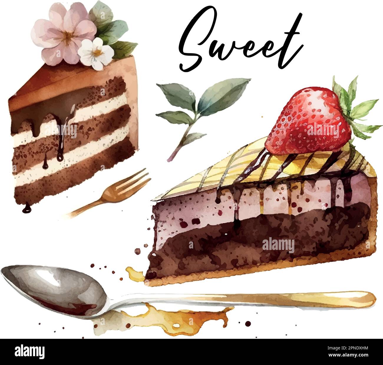 Slice of chocolate cake. Sketch watercolor style. Vector illustration ...