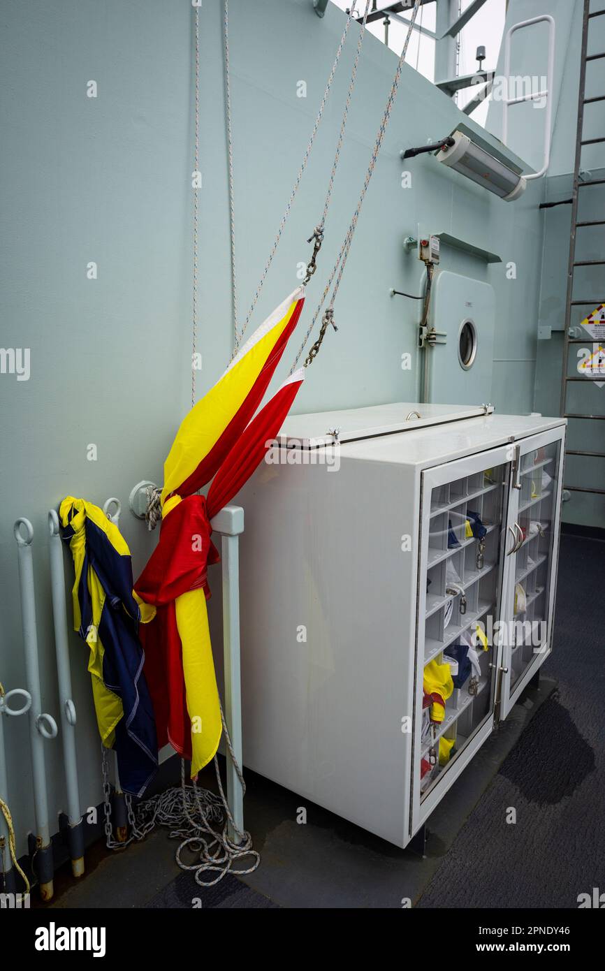 Signal (flag) locker on the bridge deck of HMCS Margaret Brooke Stock ...