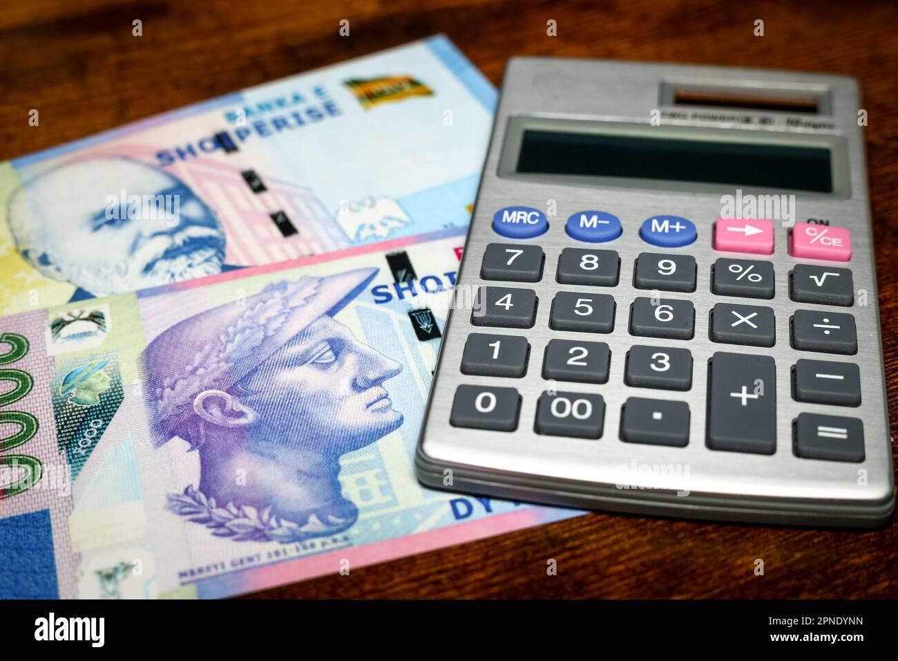 Albanian lake currency and calculator, Financial calculations, close up ...