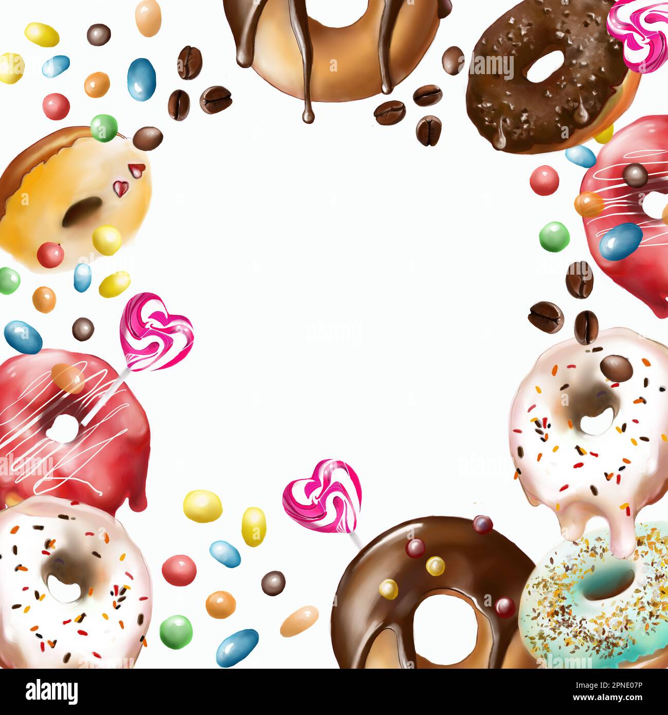 donuts sweet frame with white icing and dragee, lollipips, coffee beans ...