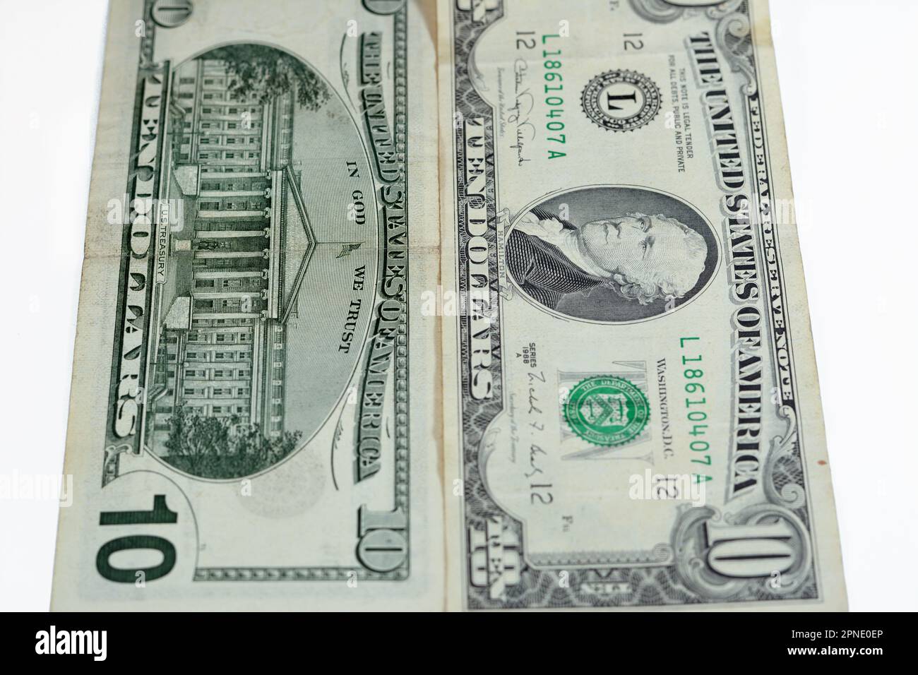 Old 10 $ ten American dollars bills banknote features the portrait of ...