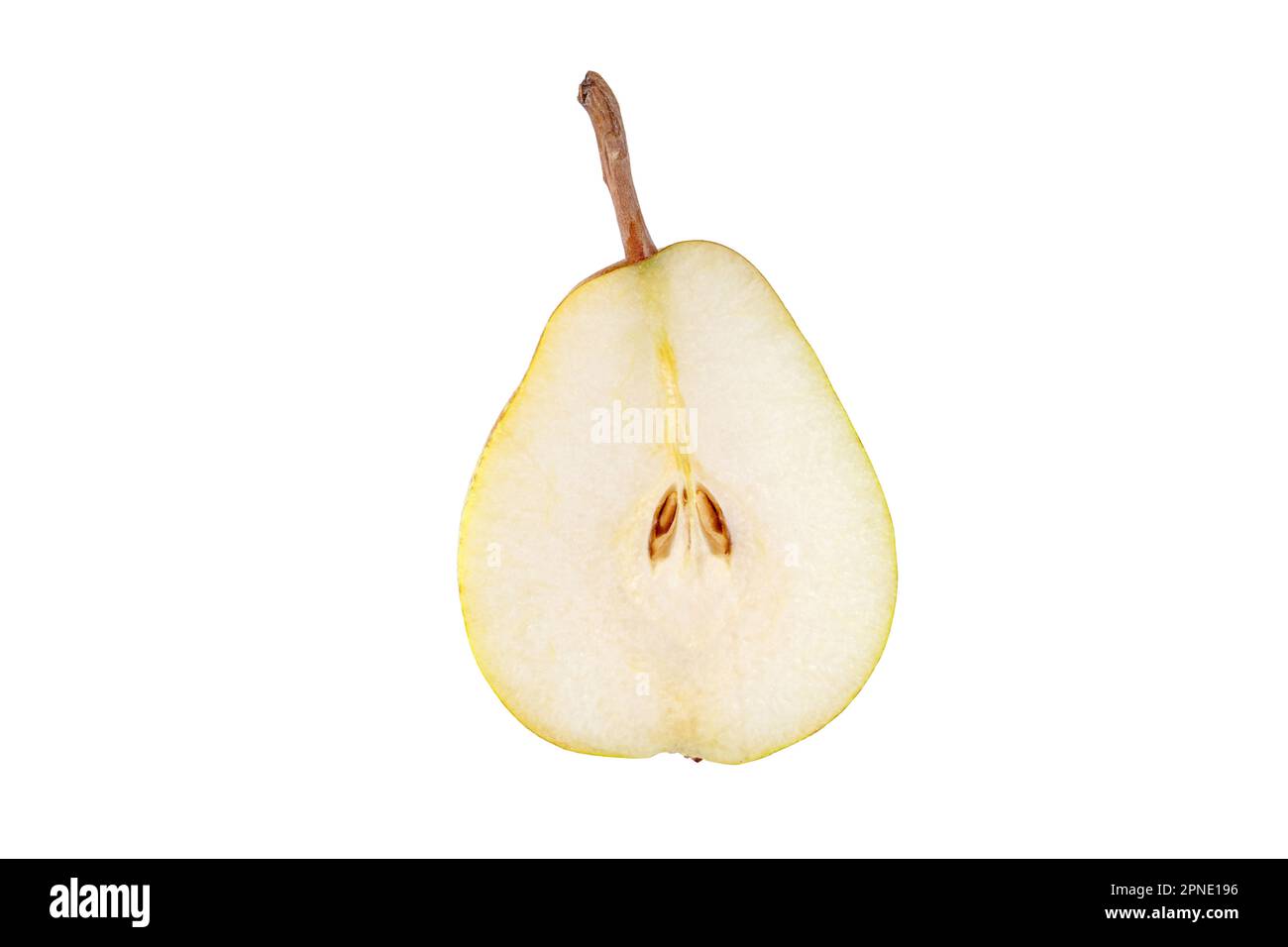 Pear Rocha half cut fruit isolated on white. Yellow green spotted fruit ...