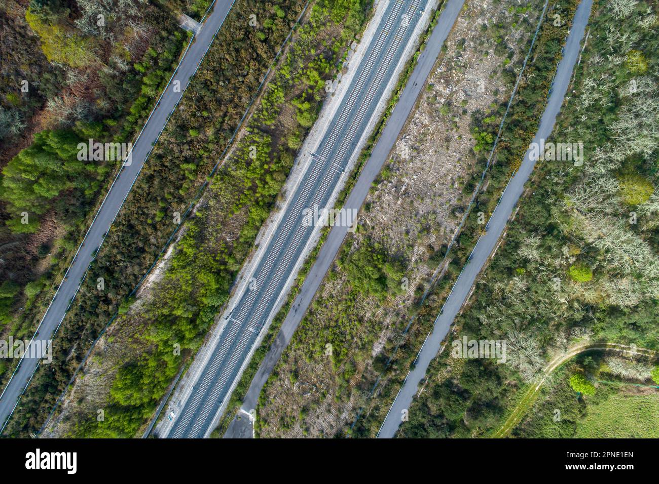 drone aerial view of the high speed rail line in Galicia, Spain Stock Photo - Alamy