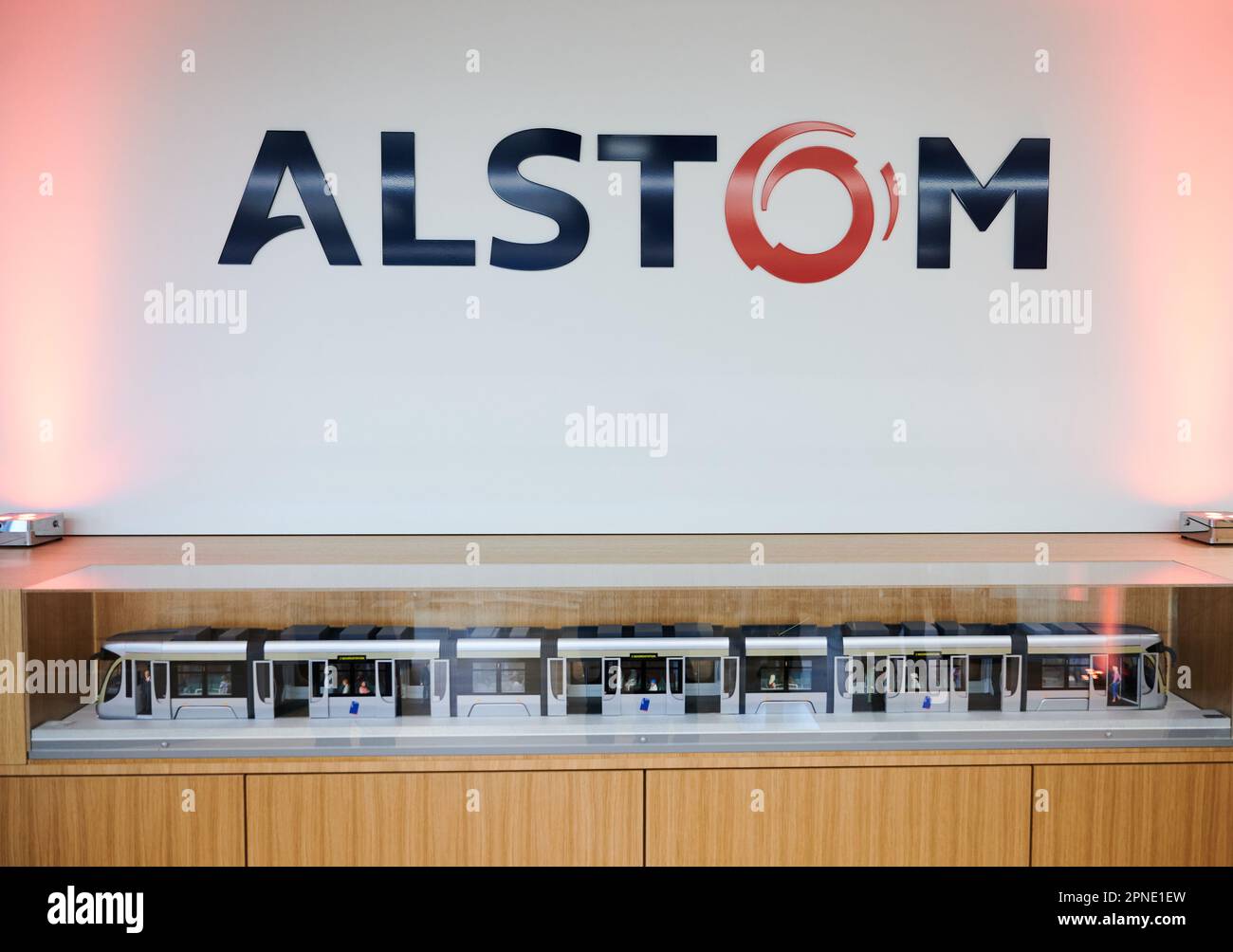 Berlin, Germany. 18th Apr, 2023. Alstom's logo stands above a model ...