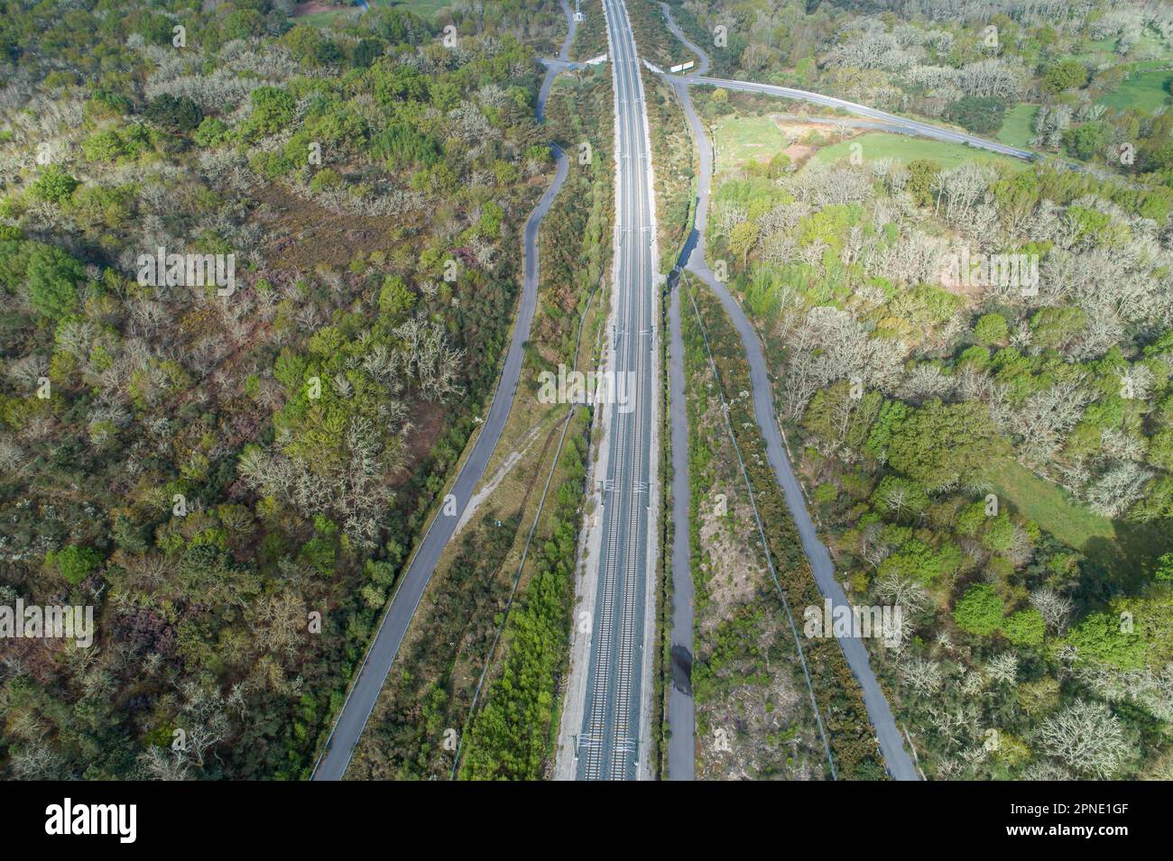drone aerial view of the high speed rail line in Galicia, Spain. Transport concept Stock Photo ...