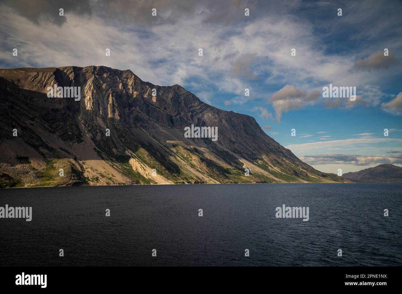 Mountains line the shore of Saglek Fjord in northern Labrador, Canada ...