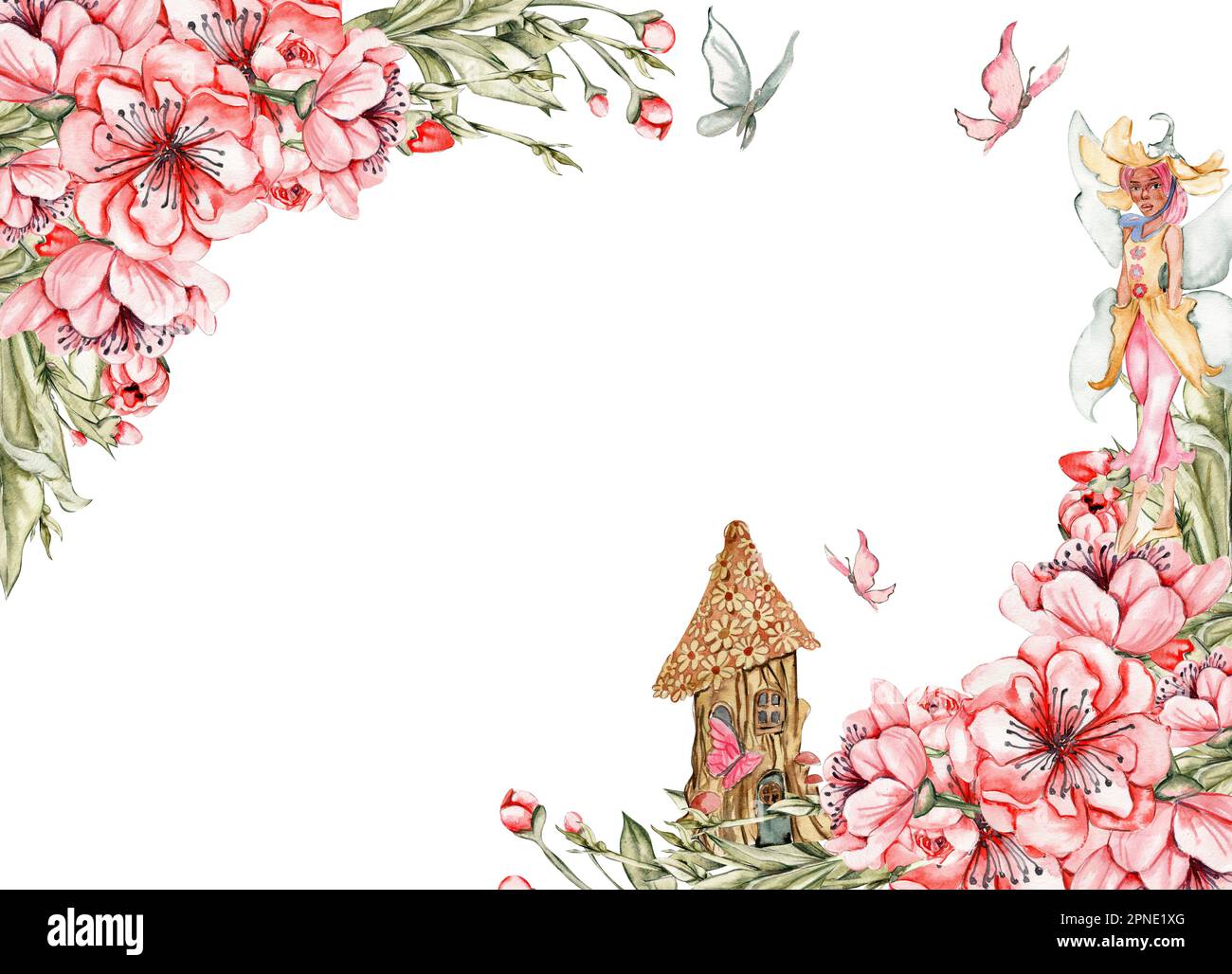 Watercolor hand drawn spring garden full of flowers square frame ...