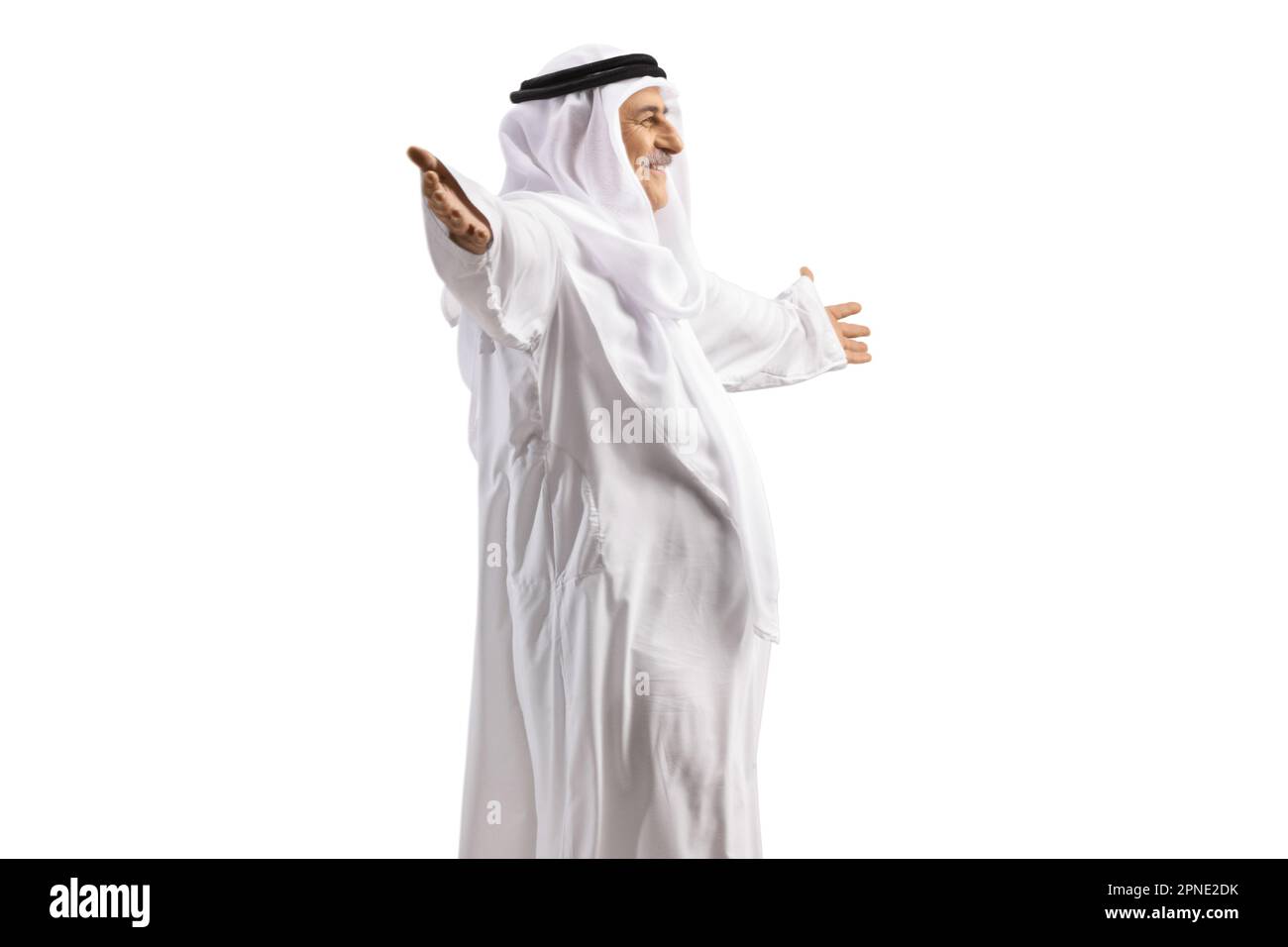 Happy arab man standing with open arms isolated on white background ...