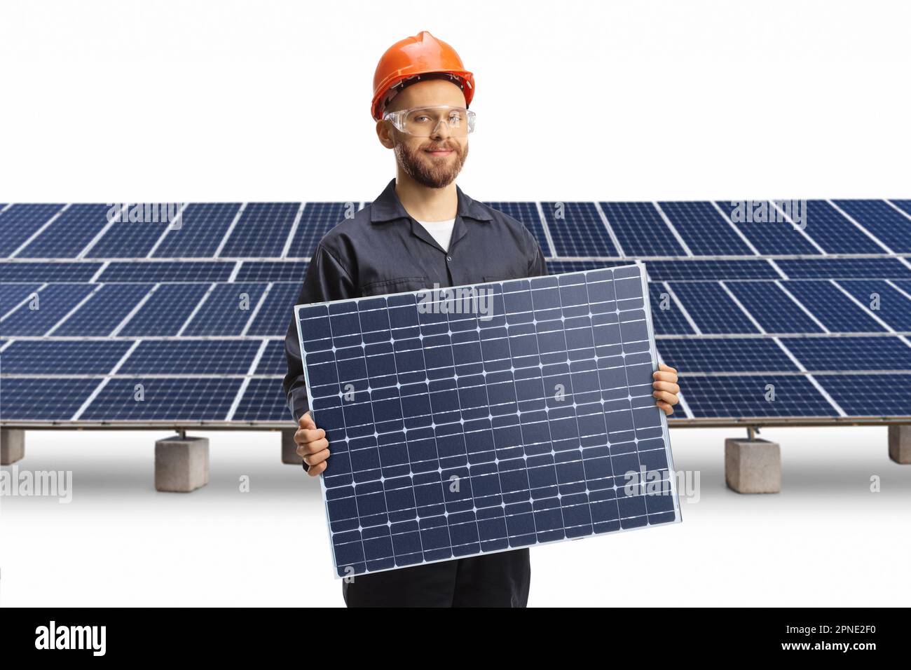 Technician holding a collector at a solar farm isolated on white ...