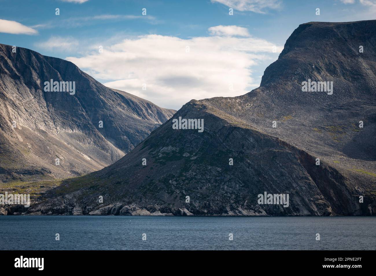 Mountains line the shore of Saglek Fjord in northern Labrador, Canada ...