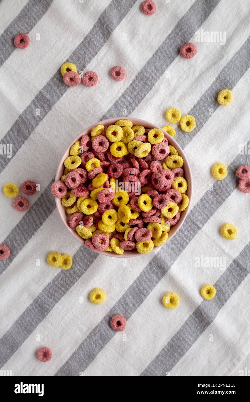 Colorful Cereal Loops with Whole Milk for Breakfast. Flat lay, overhead ...