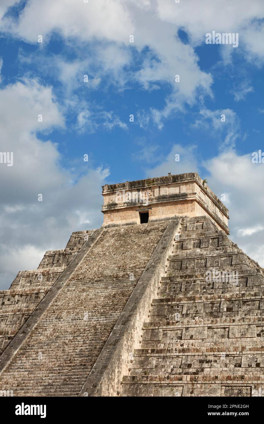The "Temple of Kukulcan" (El Castillo), a Mesoamerican step-pyramid inside the archaeological ...