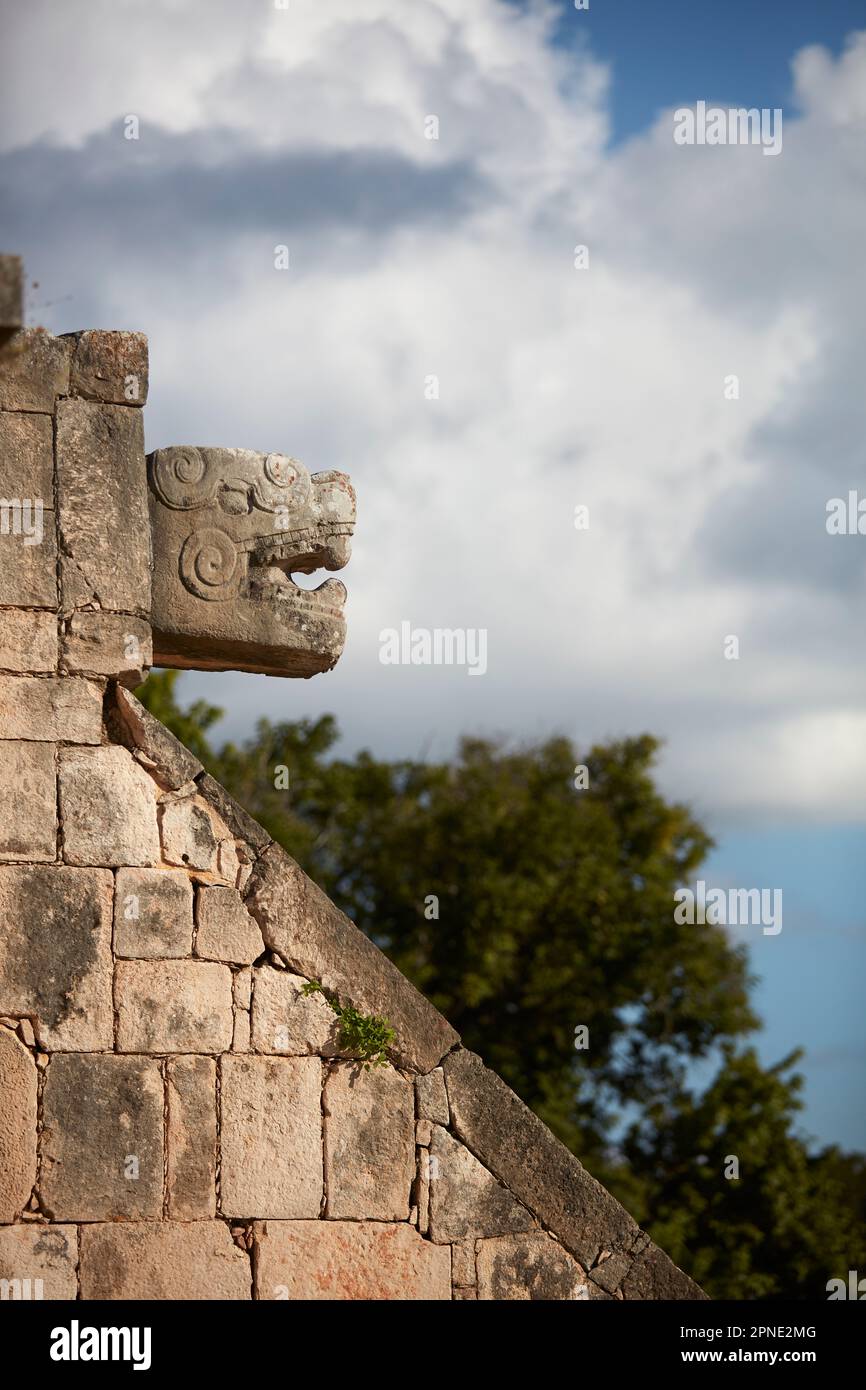 Mayan sculptures inside the archaeological site of Chichen Itza ...