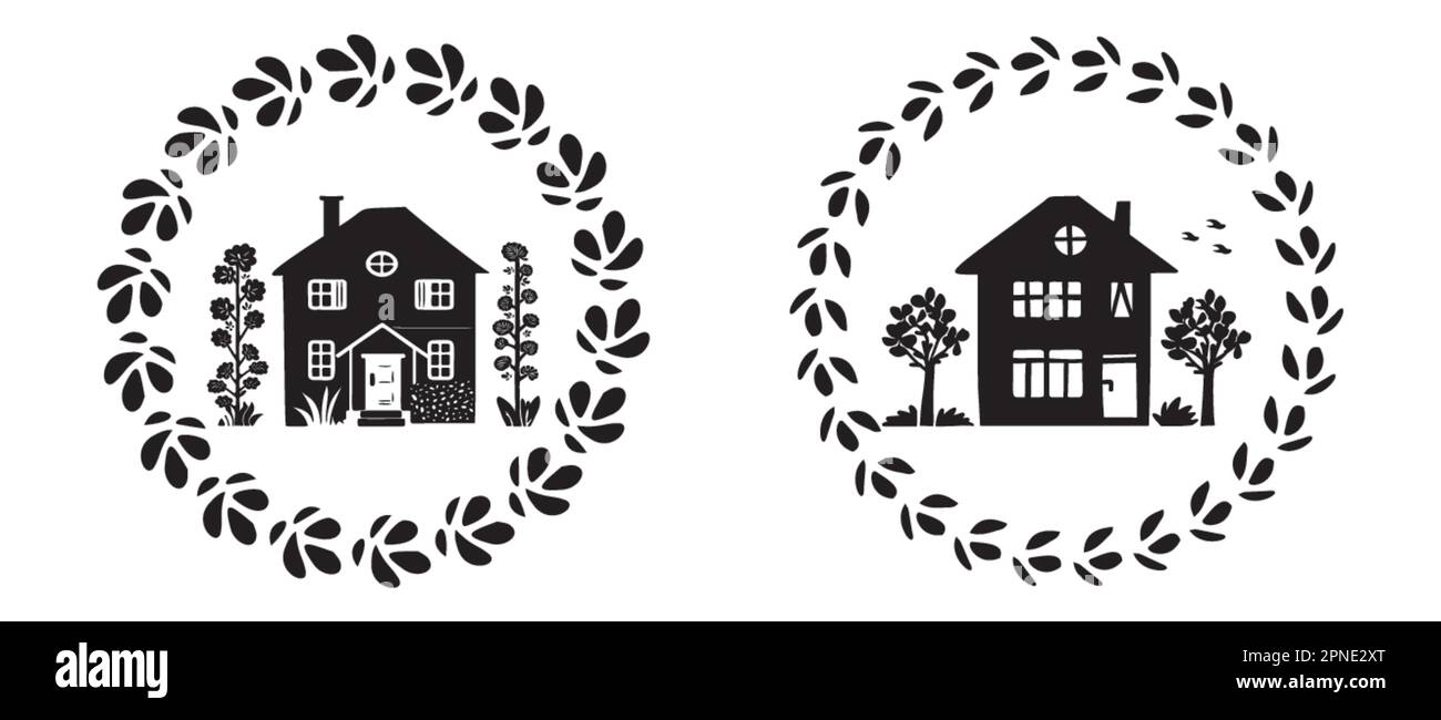 Cute rustic cottage motif in vintage style frame set. Vector ...