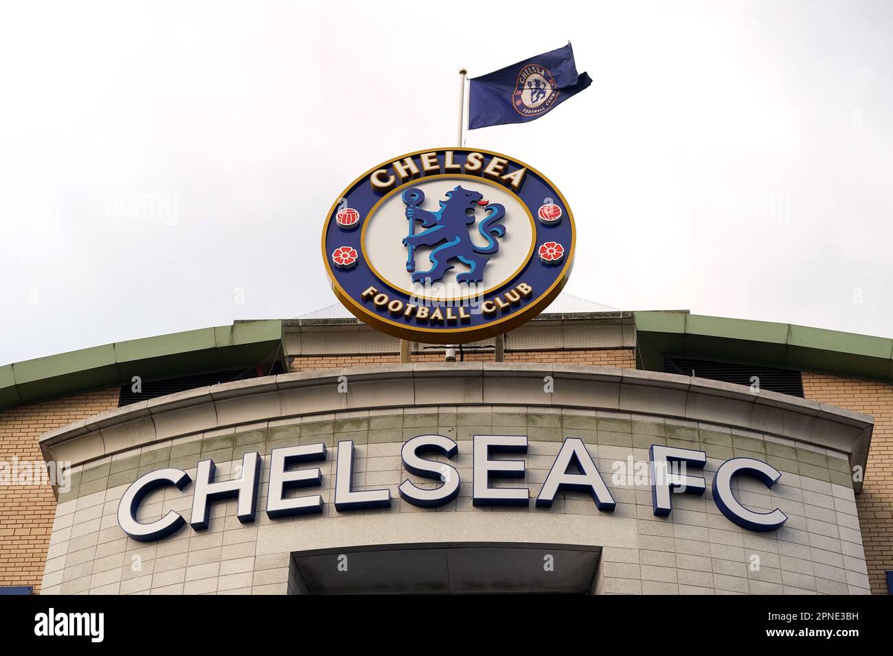General view of a Chelsea club crest, flag and wording on the outside ...