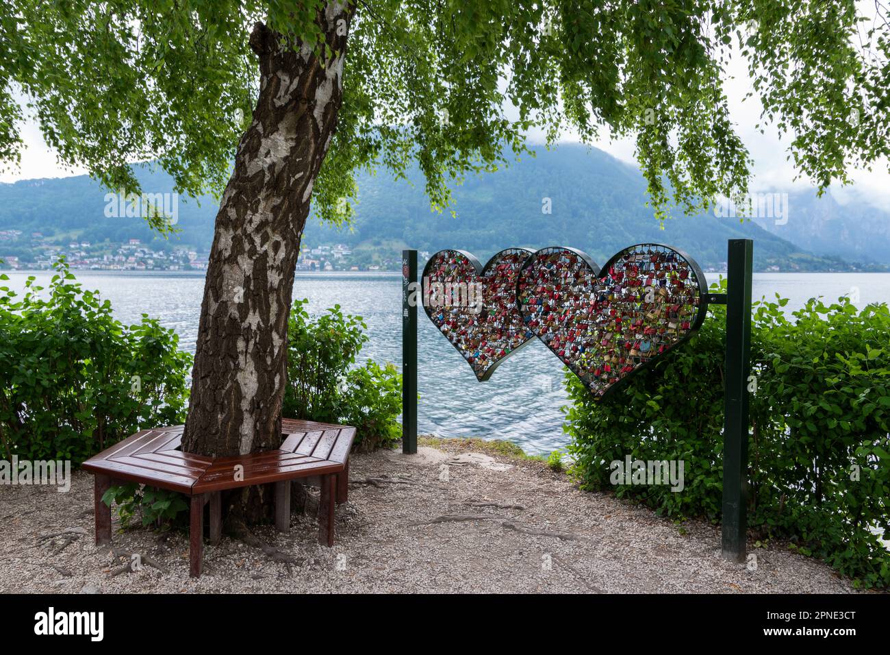 Lake Traunsee in summer with love locks, Austria Stock Photo - Alamy