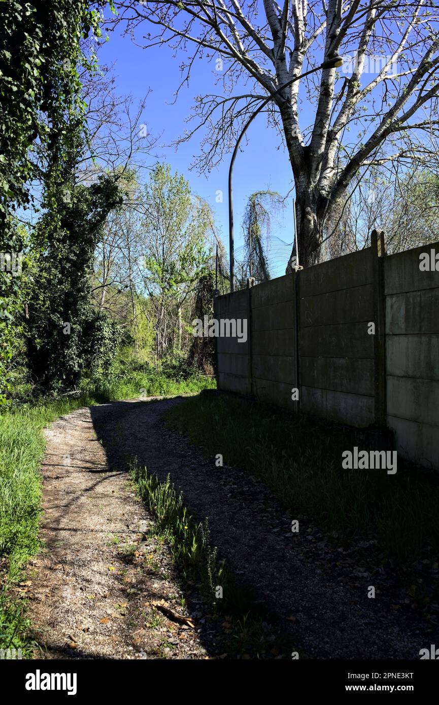 Path bordered by a concrete boundary wall of an industrial complex in a ...