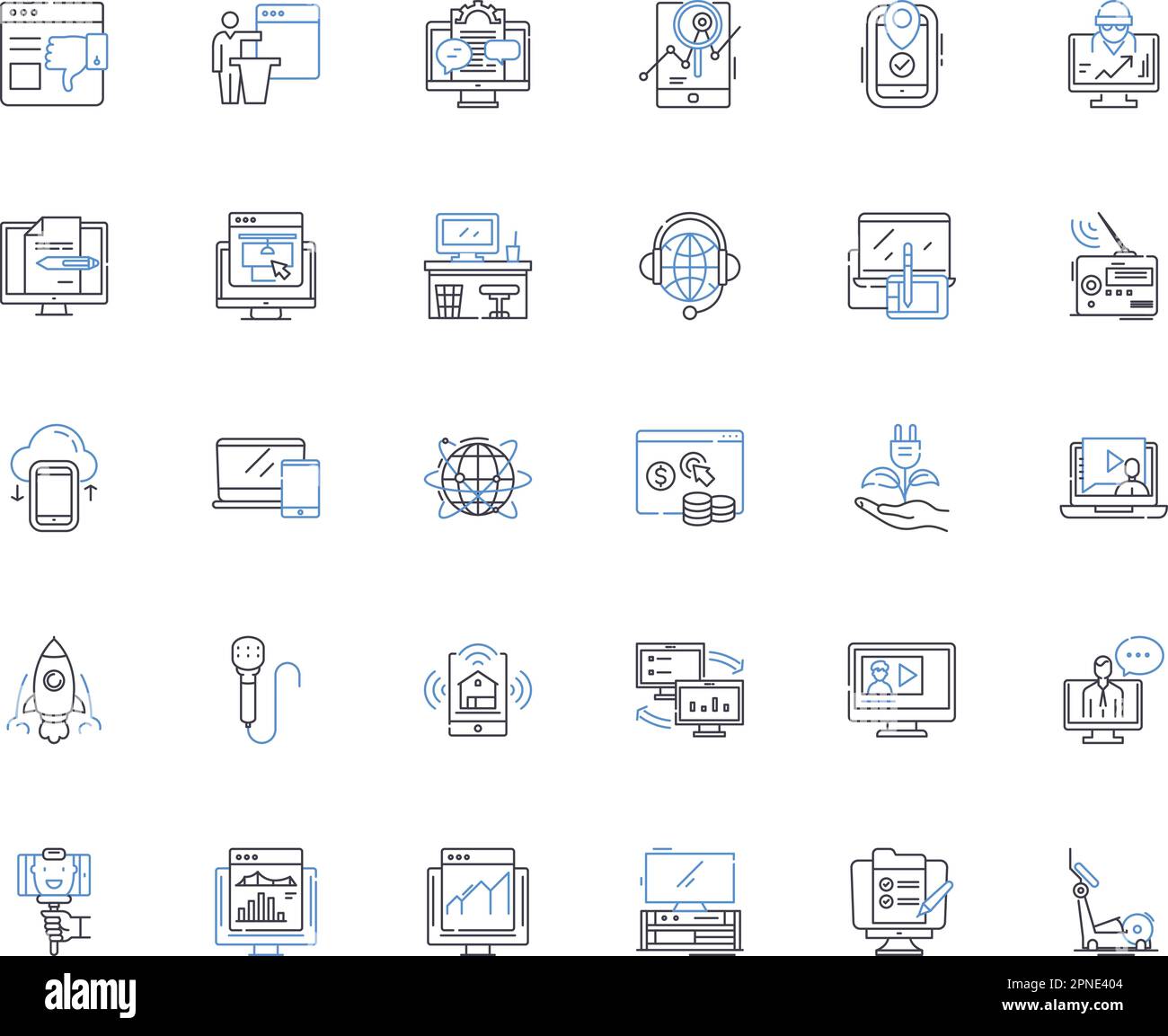 Gadgets line icons collection. Smartph, Tablet, Laptop, Smartwatch, Headphs, Earbuds, Camera ...