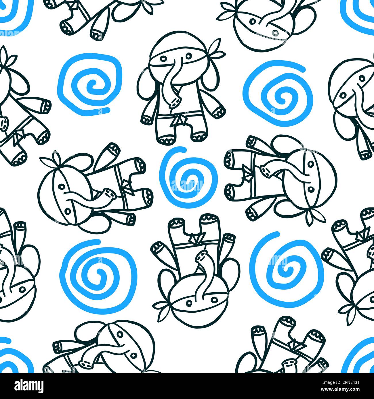 Elephant ninja. Vector seamless pattern in outline doodle style ...