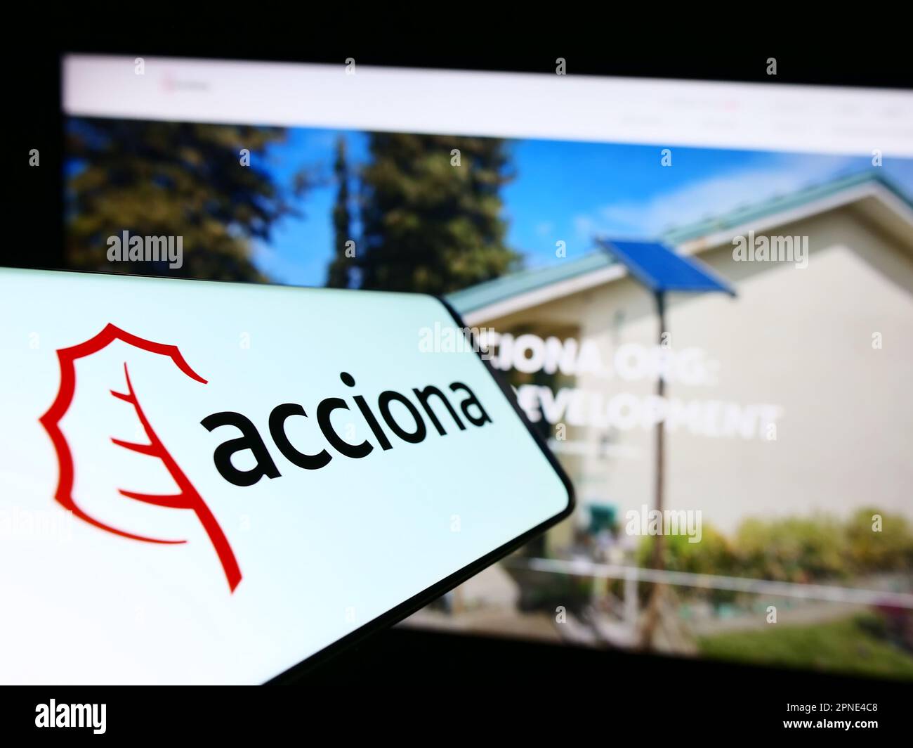 Mobile phone with logo of Spanish infrastructure company Acciona S.A ...