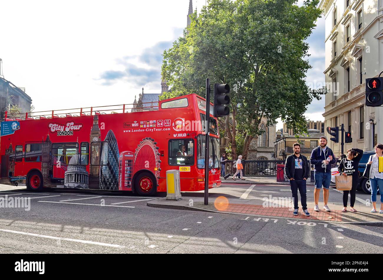 London, Great Britain - August 1, 2015: View to a red hop-on hop-off ...