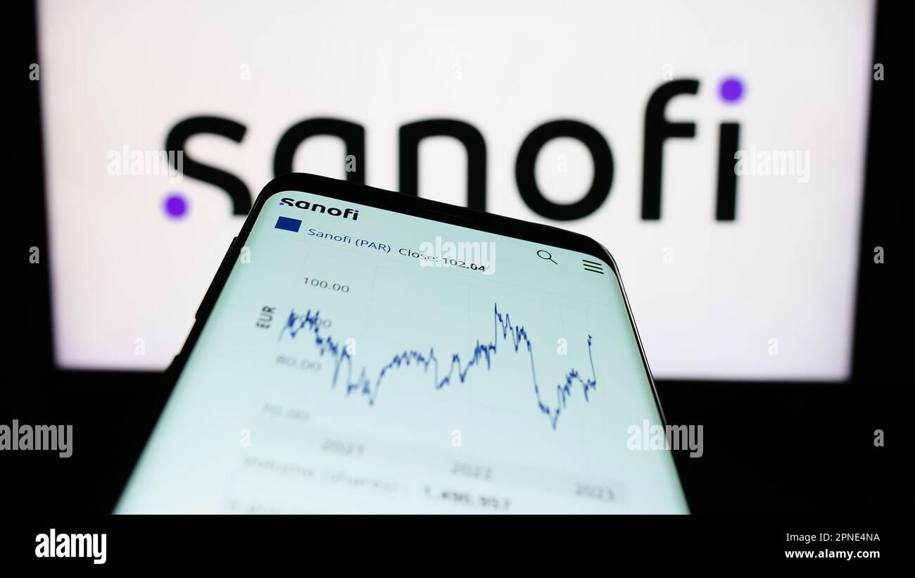 Mobile phone with website of French pharmaceutical company Sanofi S.A ...