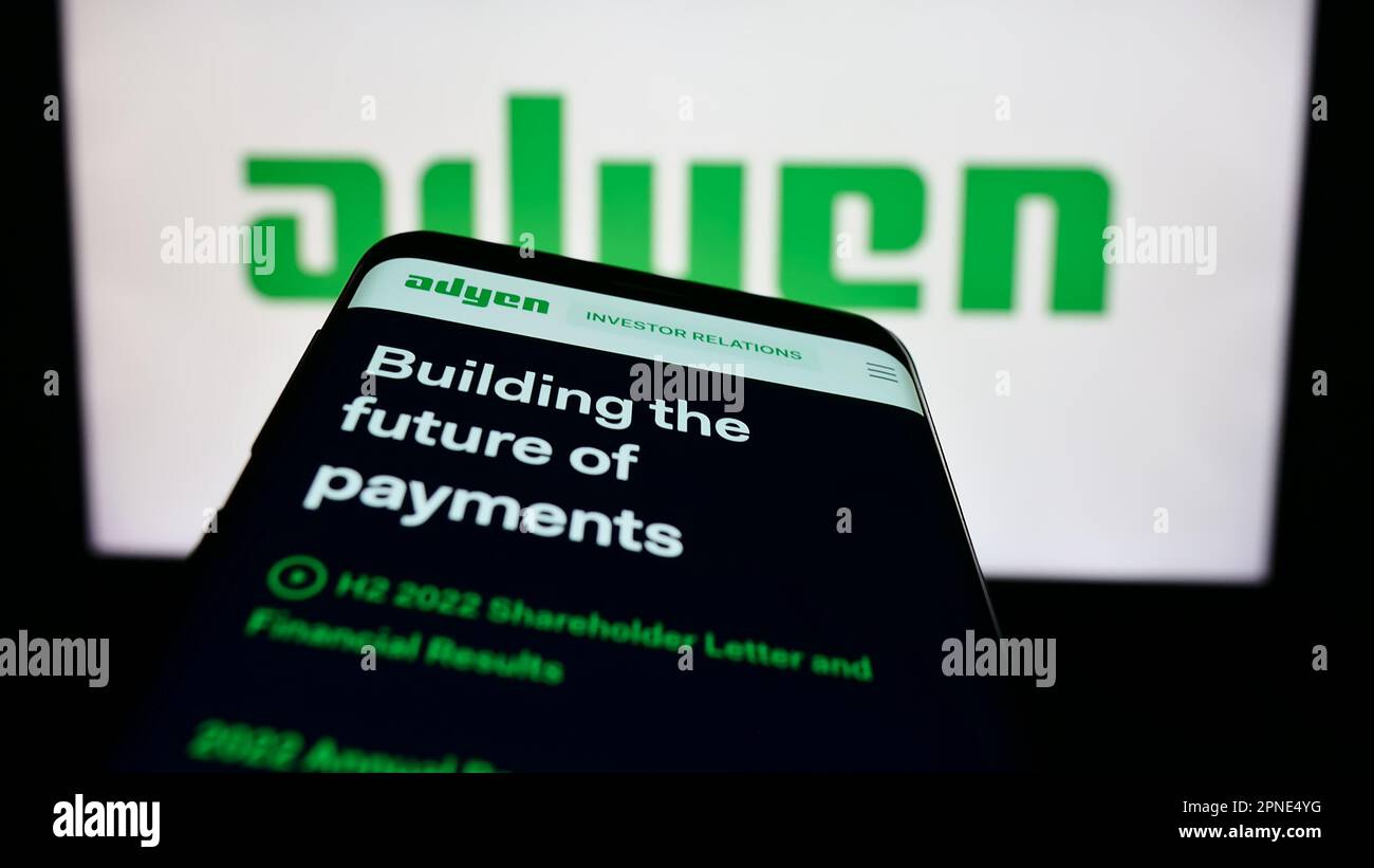 Mobile phone with website of Dutch payments company Adyen N.V. on ...