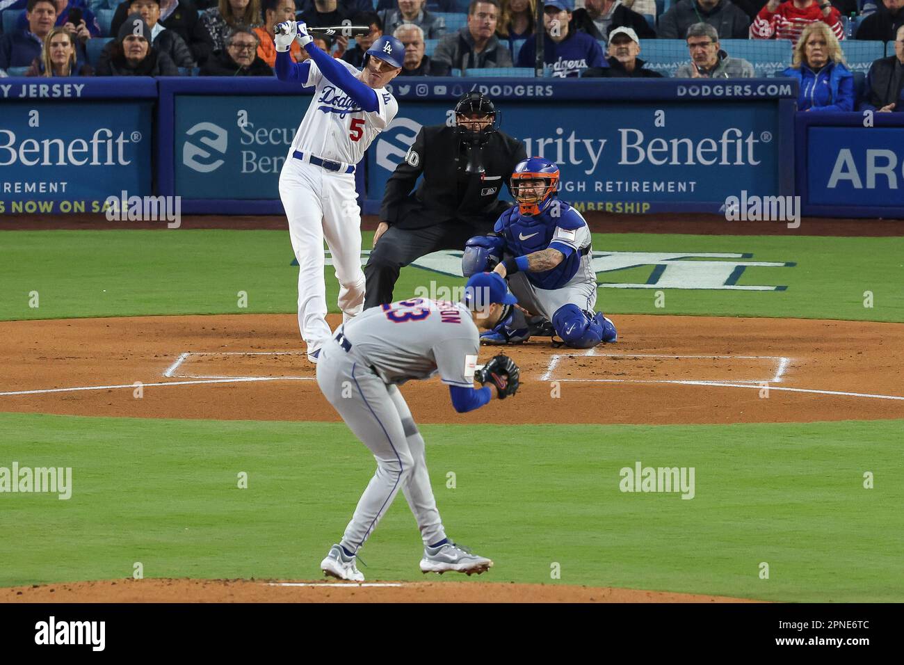Los Angeles Dodgers first baseman Freddie Freeman (5) hits a home run ...