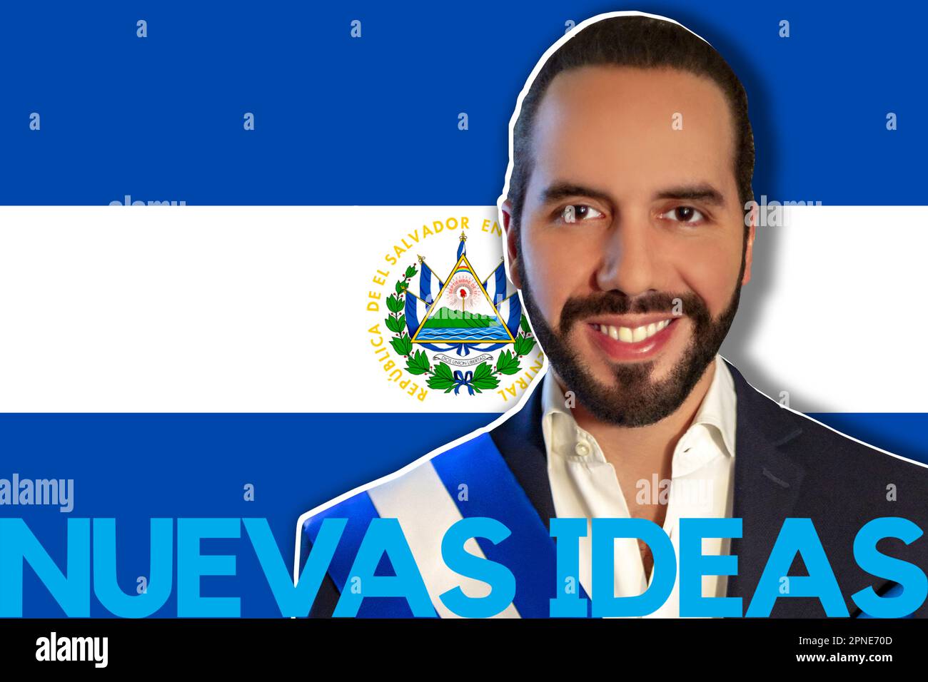Nayib Bukele, flag of El Salvador and logo of the New Ideas Party Stock ...