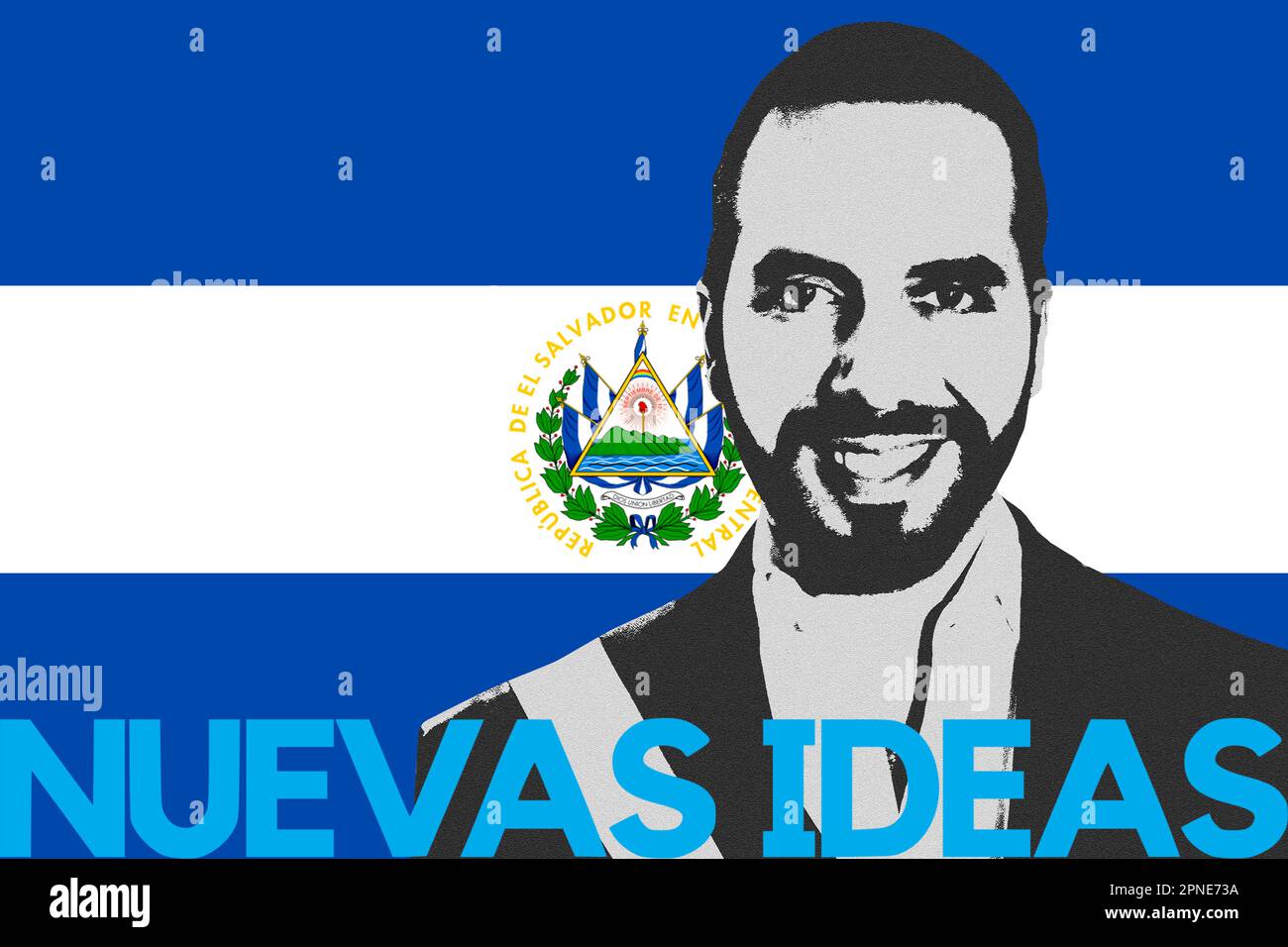 Nayib Bukele, flag of El Salvador and logo of the New Ideas Party Stock ...