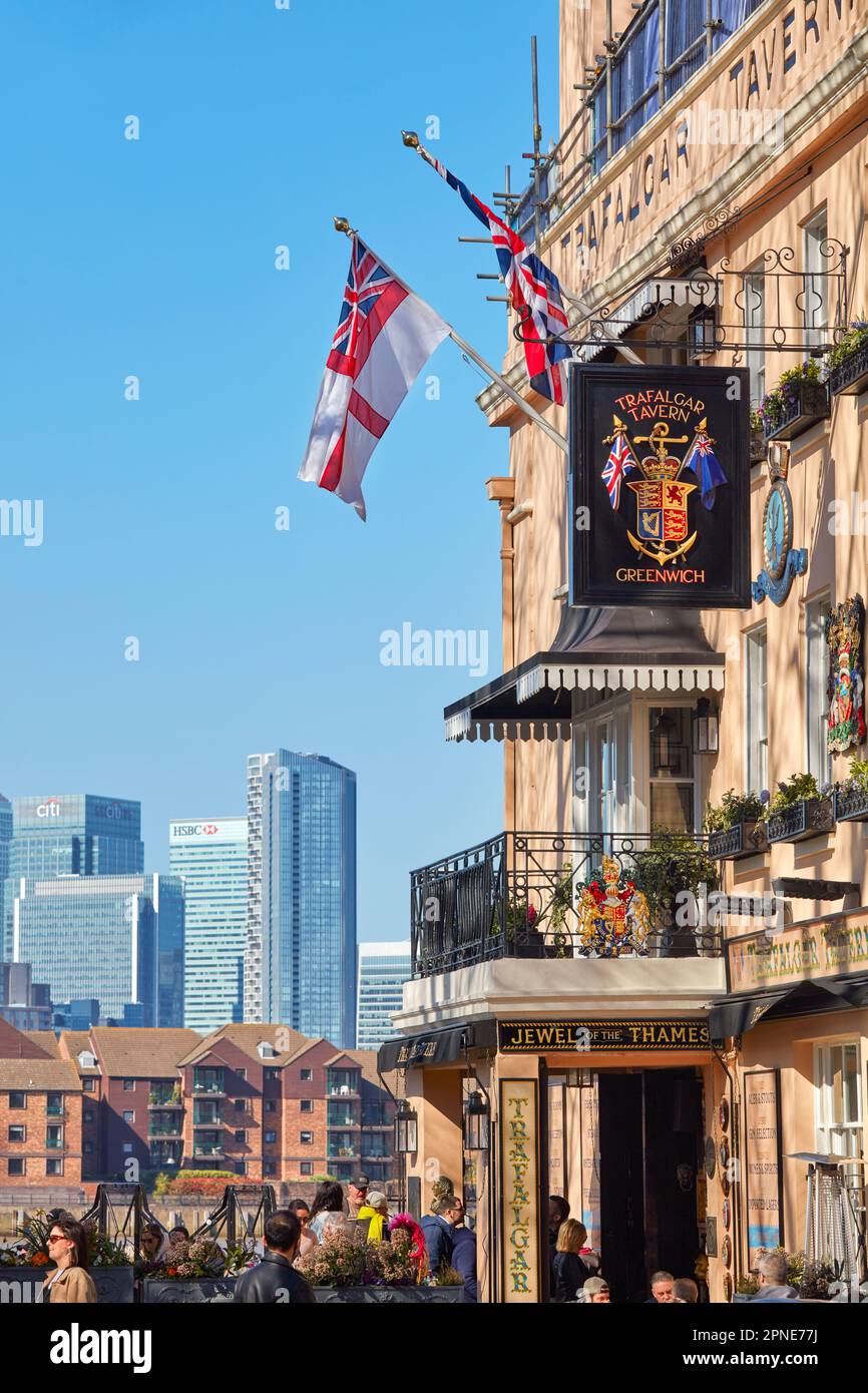 The main facade of the Trafalgar Tavern pub near the Thames River ...