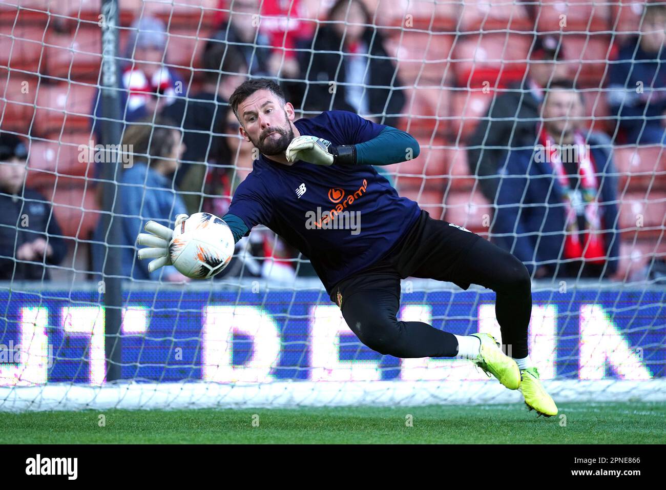 Wrexham goalkeeper Ben Foster warming up prior to kick-off before the ...